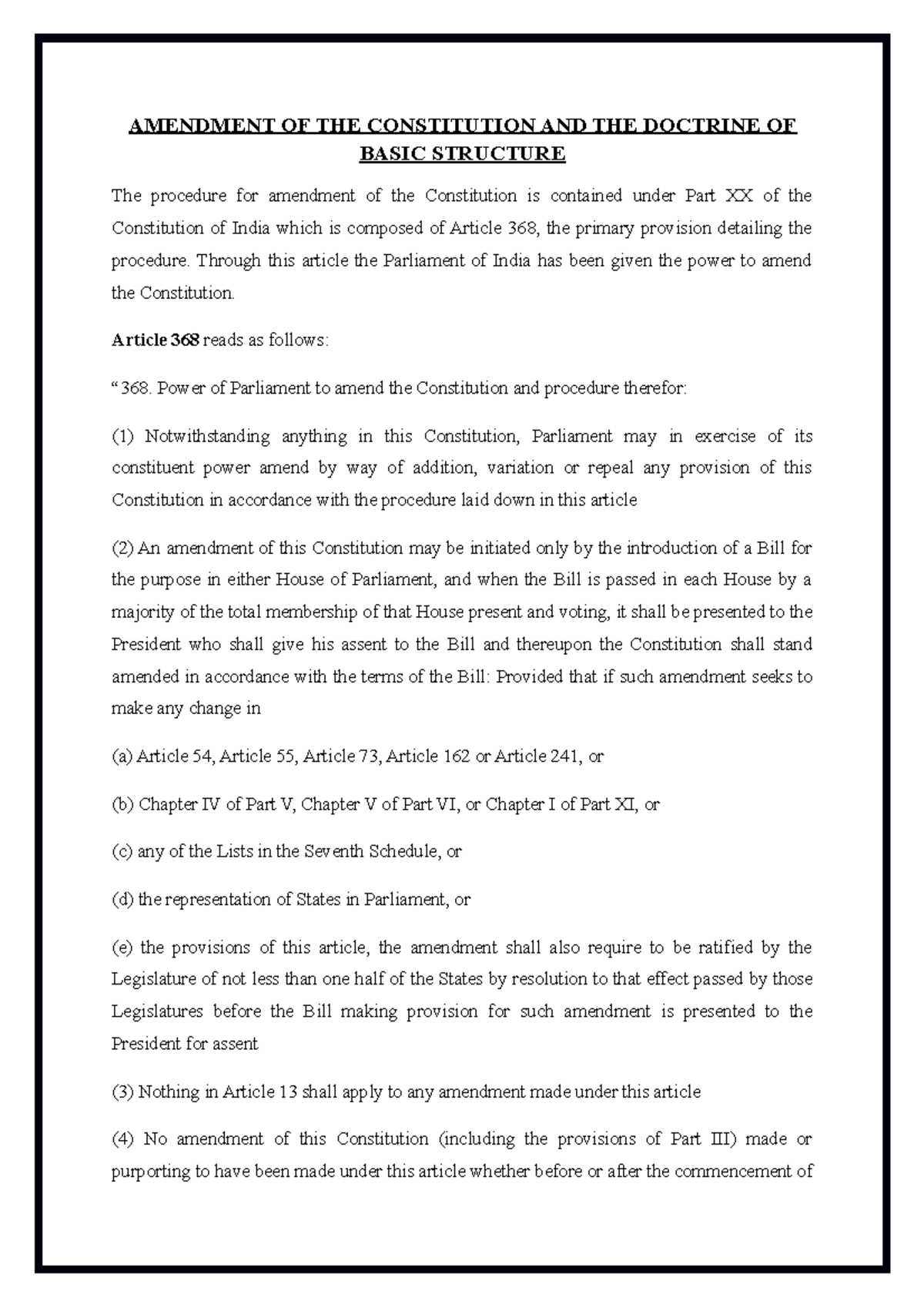 Amendment OF THE Constitution AND THE Doctrine OF Basic Structure - AMENDMENT OF THE ...
