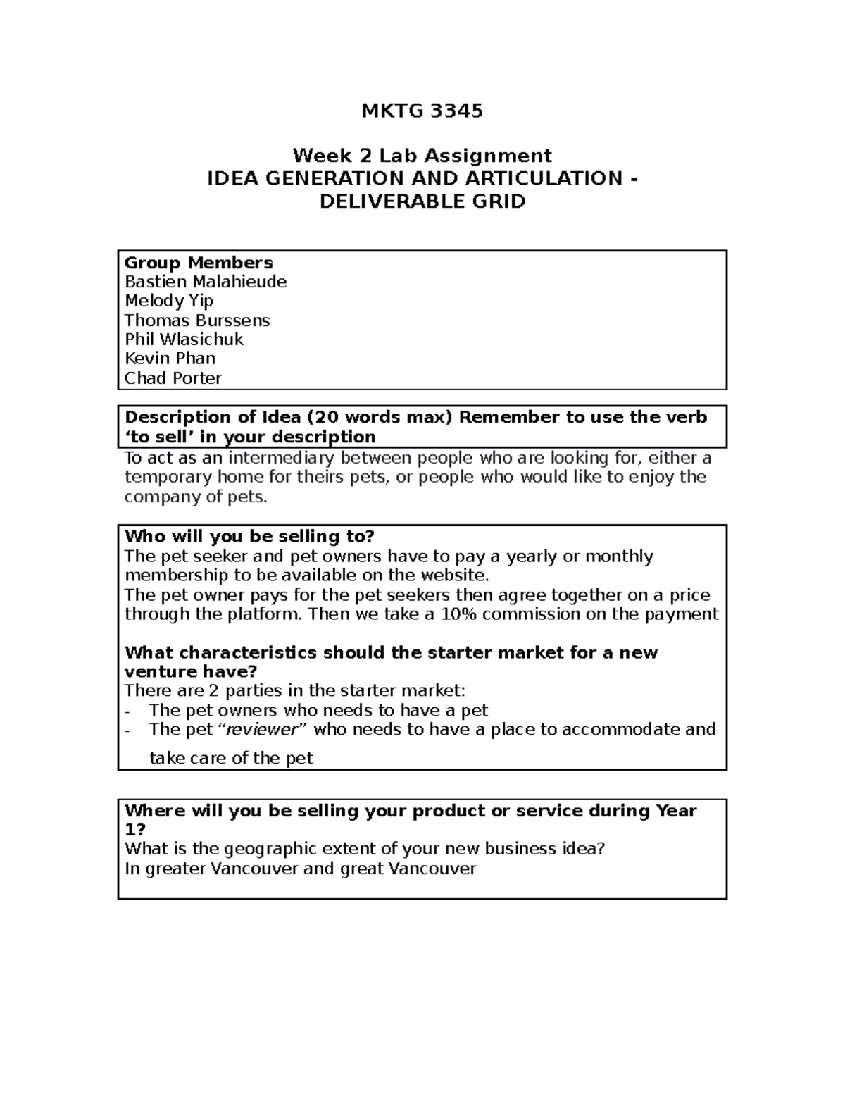 Week 2 Lab Assignment - MKTG 3345 Week 2 Lab Assignment IDEA GENERATION ...