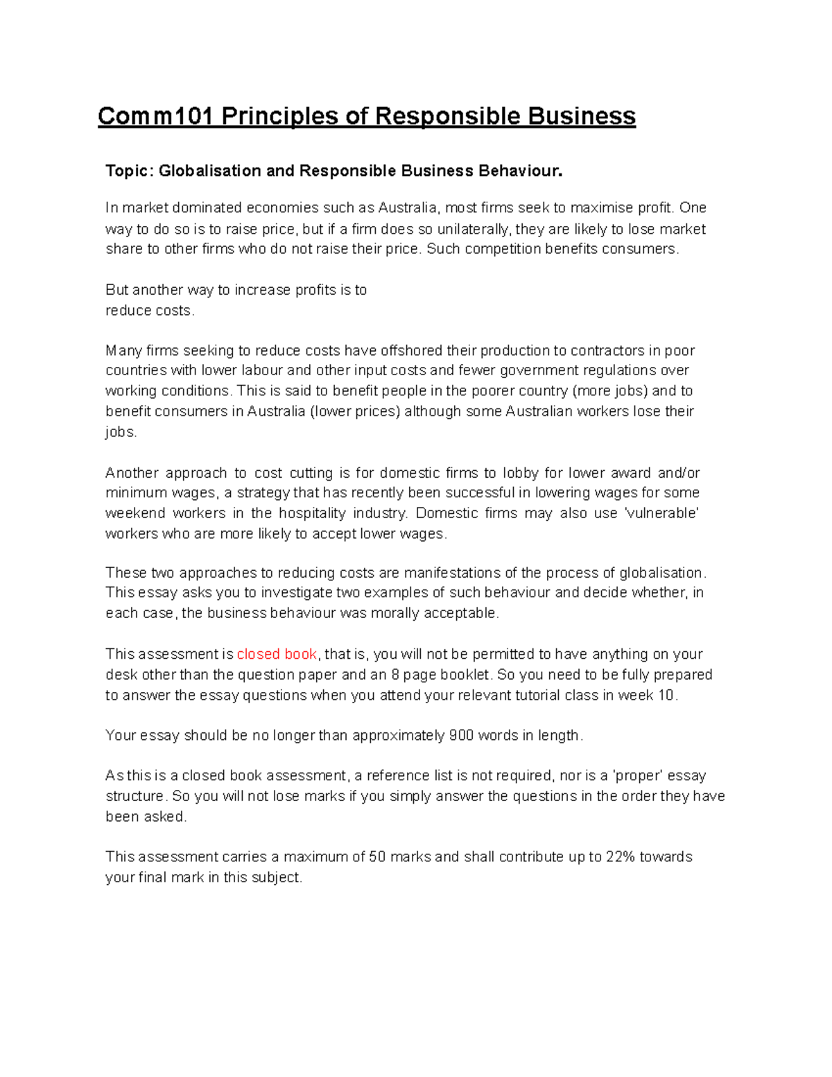Comm101 Essay - Grade: D - Comm101 Principles of Responsible Business ...