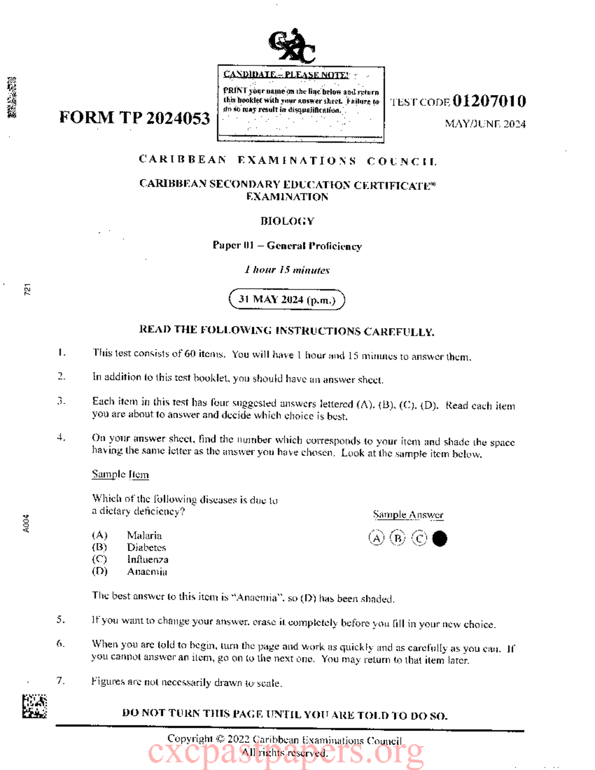 CSEC Biology June 2024 P1 - FORM TP 2024053 rA NiinATIT _ pl .I |F NnTF ...