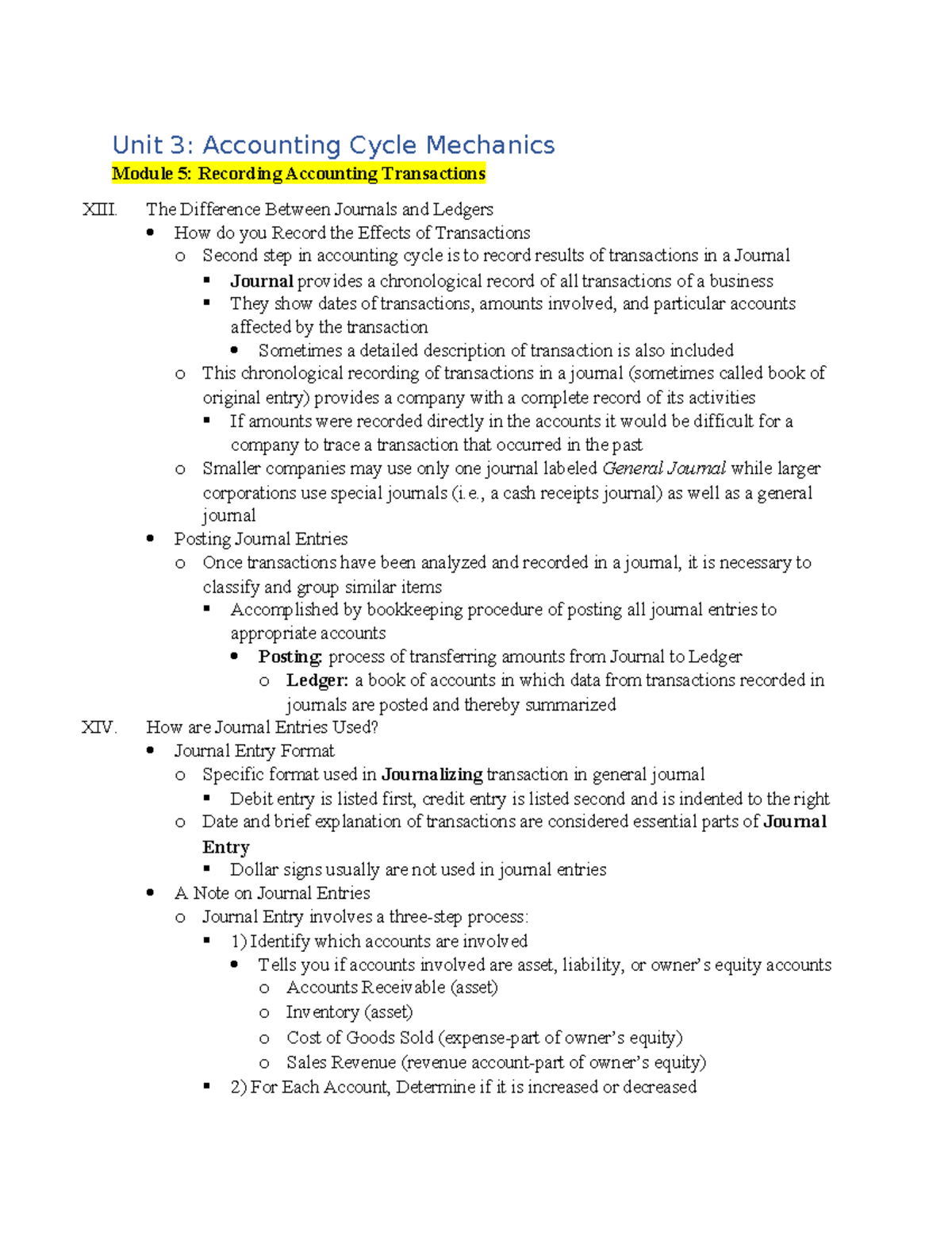 Unit 3 Module 5 Notes - Unit 3: Accounting Cycle Mechanics Module 5 ...