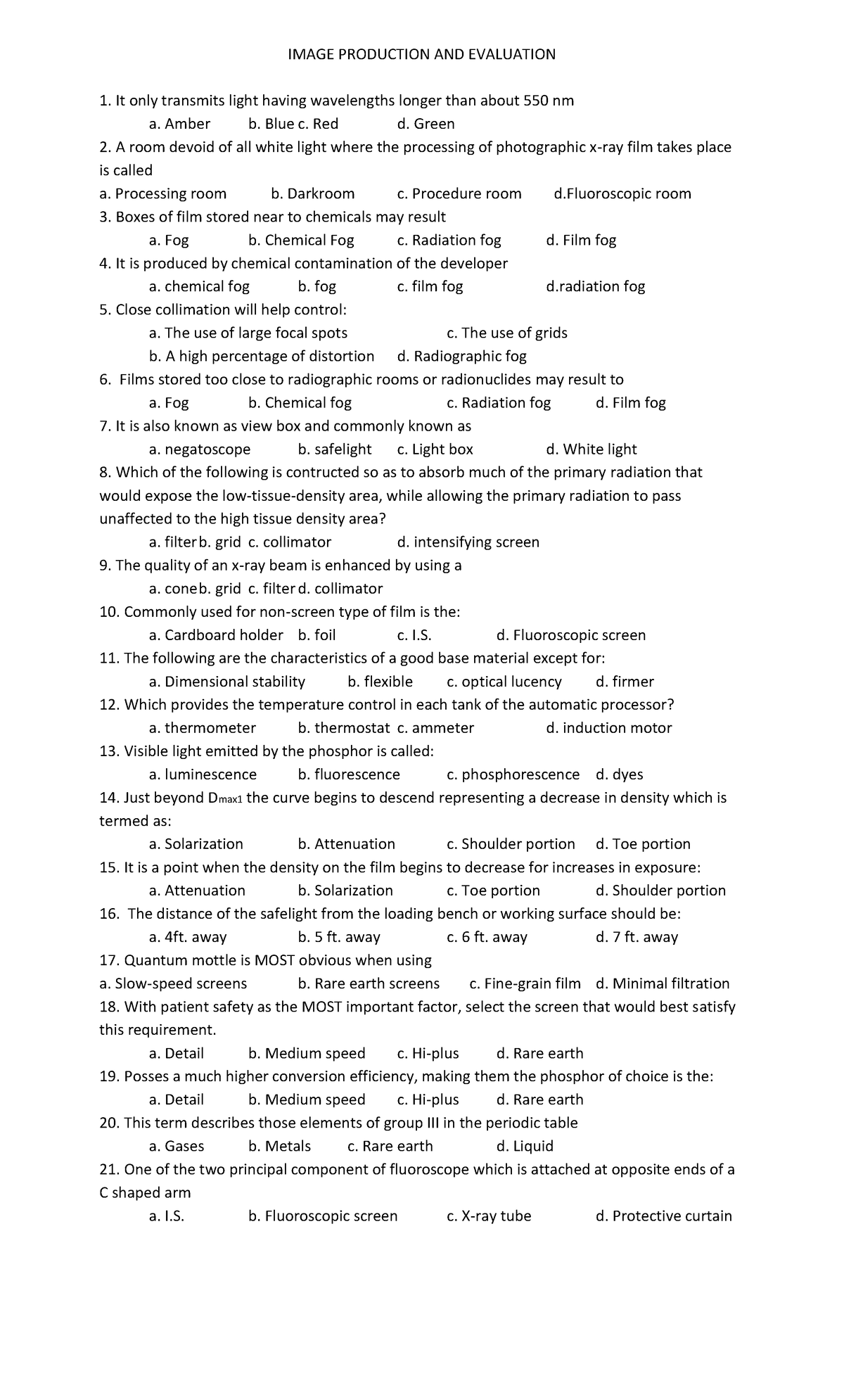 Sample/practice exam 2018, questions and answers - IMAGE PRODUCTION AND ...