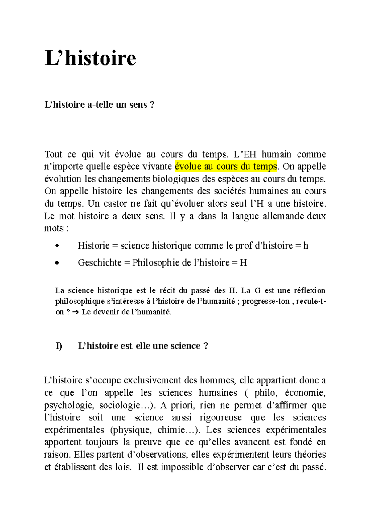 L'histoire - Notes de cours 6 - L’histoire L’histoire a-telle un sens ...