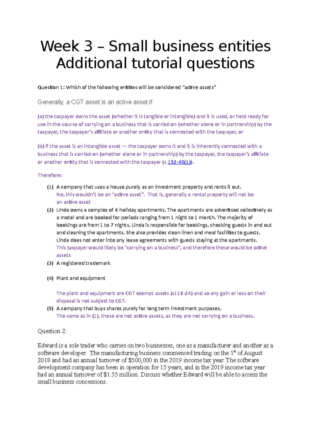 Week 3 extra tute questions - Week 3 – Small business entities ...
