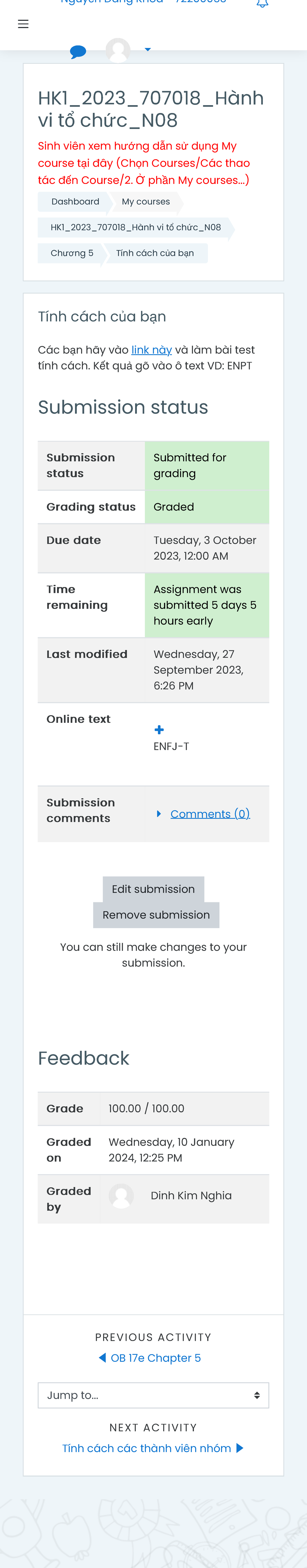 HK1 2023 707018 N08 399 Tính cách của bạn - HK1_2023_707018_Hành vi tổ chức_N Sinh viên xem ...