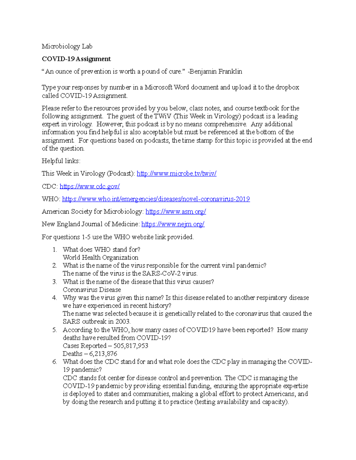 Final Covid-19 Assignment - Microbiology Lab COVID-19 Assignment “An ...