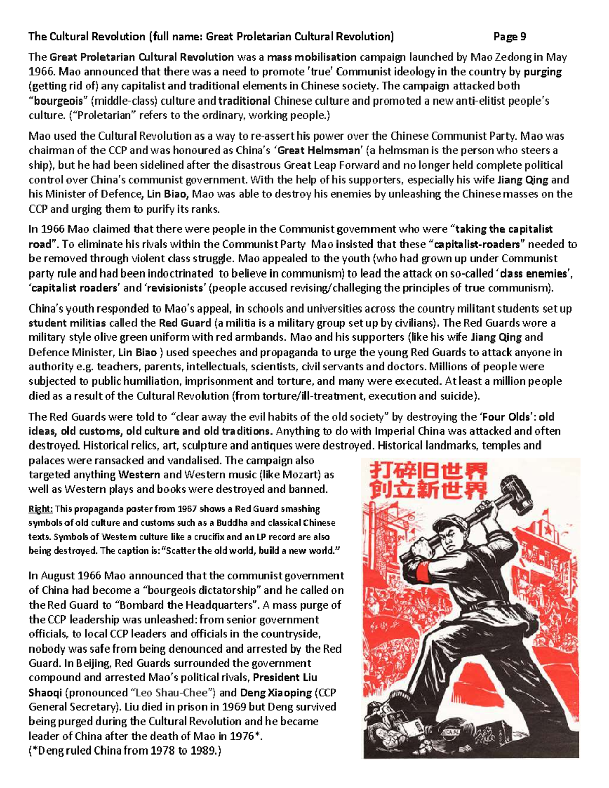 Gr 12 History China notes p9 10 - The Cultural Revolution (full name ...