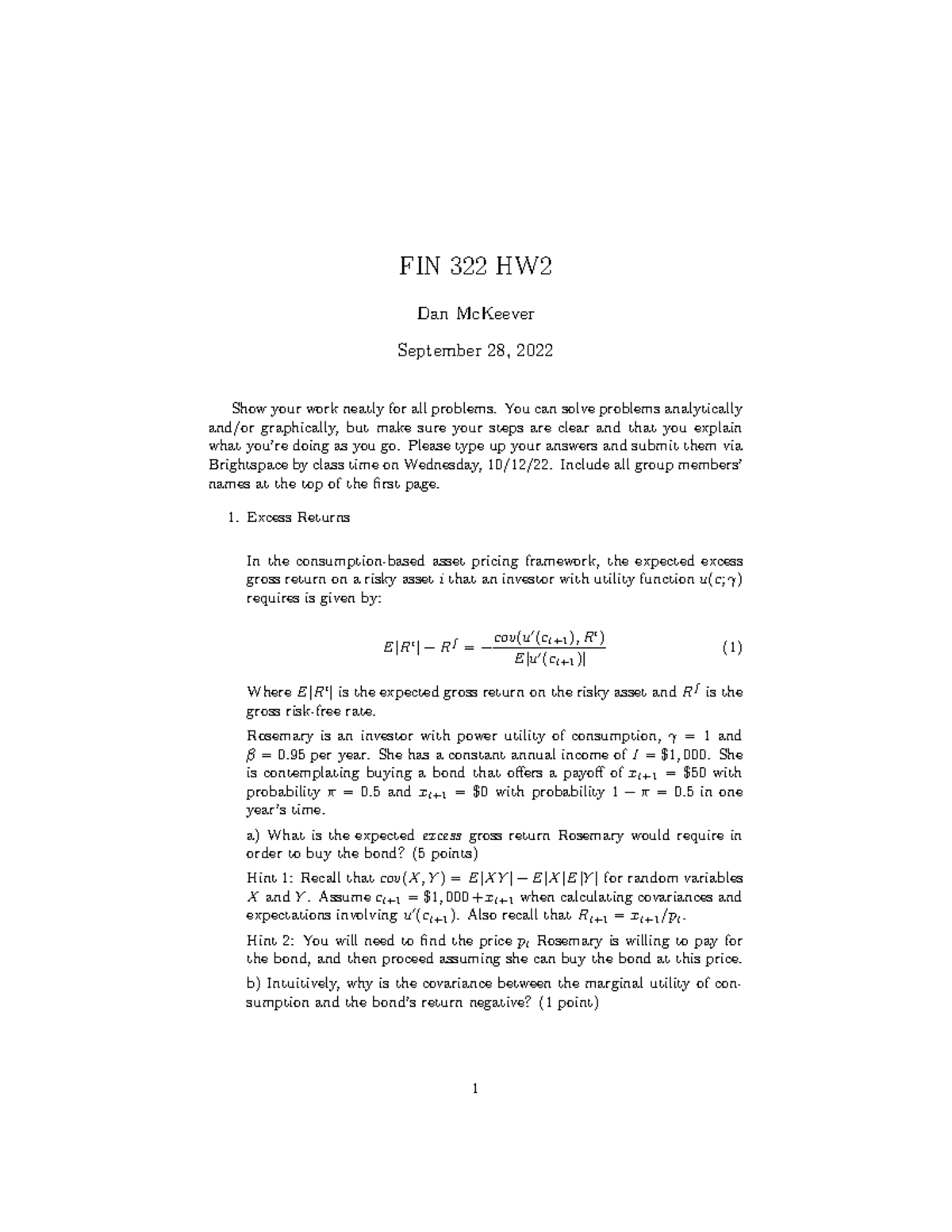 FIN 322 HW2 - It is the second homework of the course. The questions ...