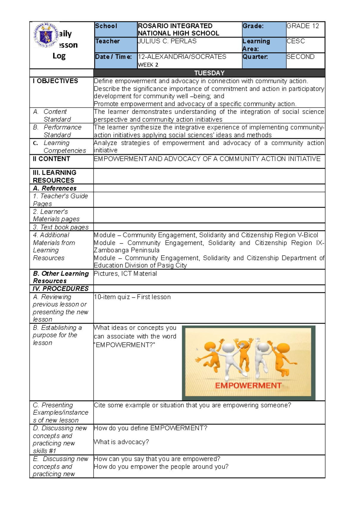 WK2 COMMUNITY ENGAGEMENT - Daily Lesson Log School ROSARIO INTEGRATED ...