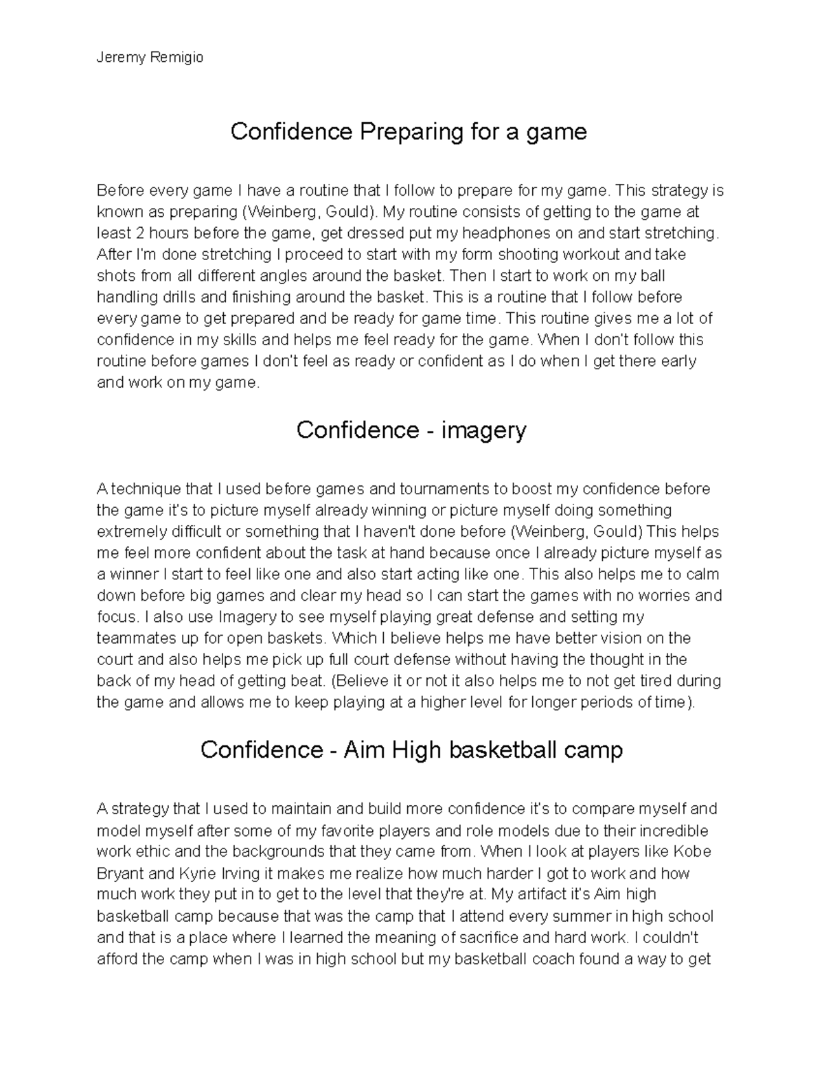 Confidence - Jeremy Remigio Confidence Preparing for a game Before ...