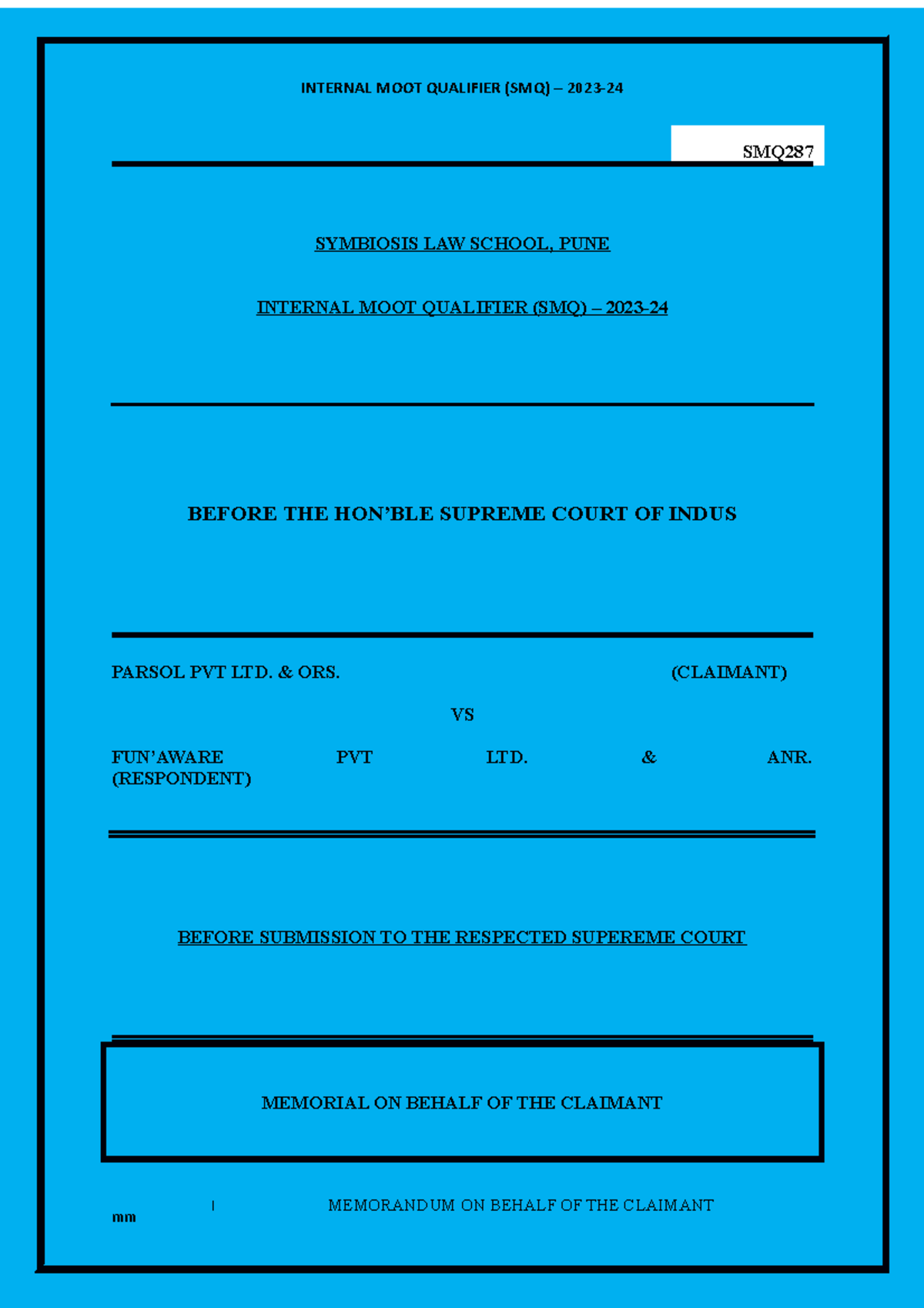 SMQ 287 Claimant - SMQ SYMBIOSIS LAW SCHOOL, PUNE INTERNAL MOOT ...