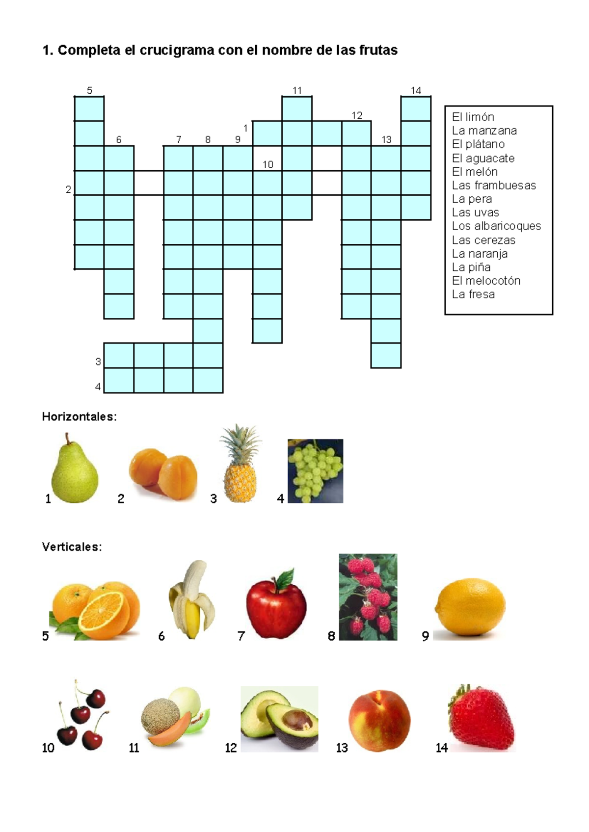 Ficha frutas y verduras - 1. Completa el crucigrama con el nombre de ...