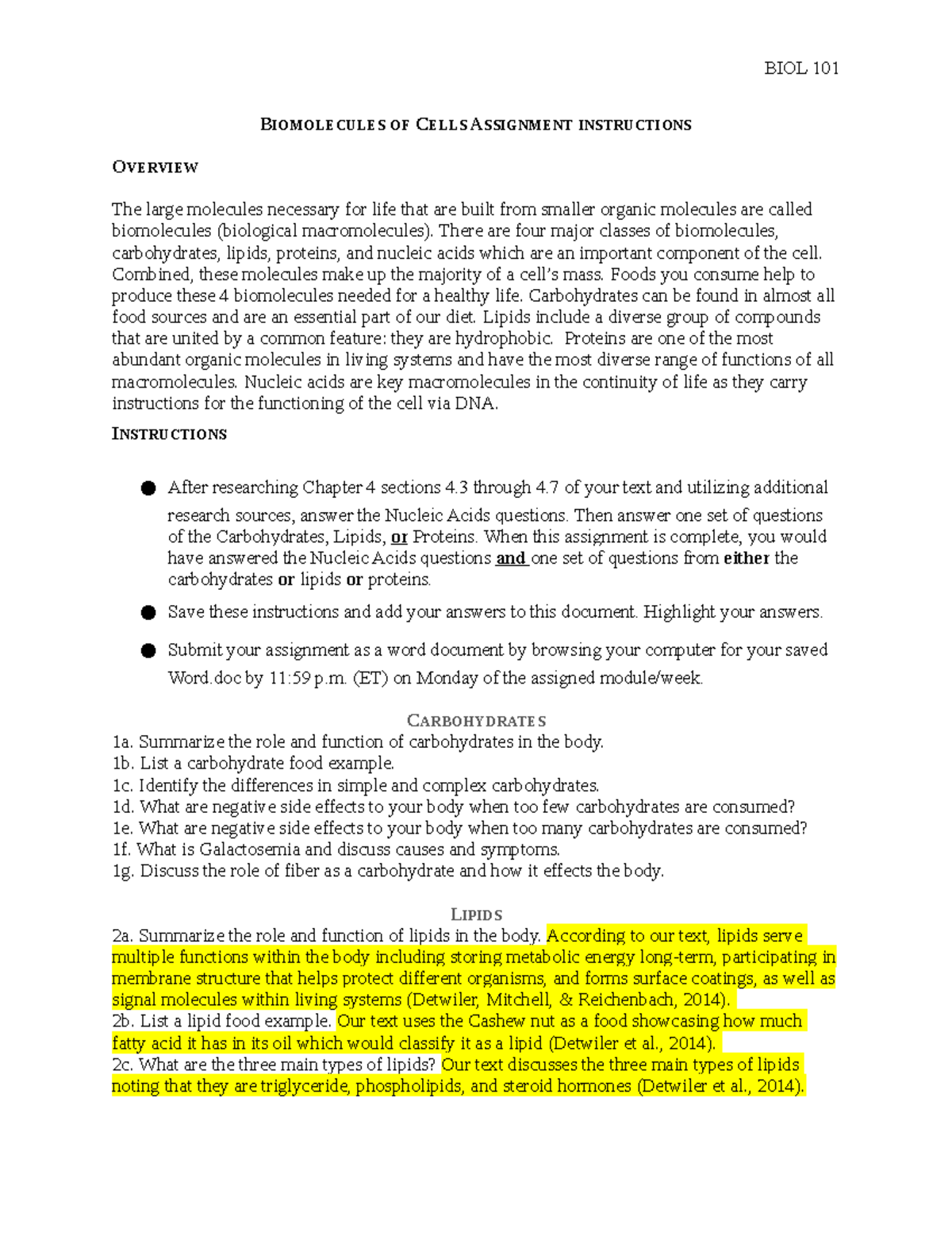 Biomolecules of Cells Assignment Instructions - BIOL 101 BIOMOLECULES ...