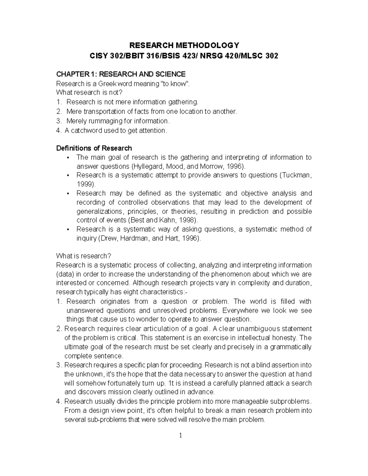 Research Methods Notes 2 - RESEARCH METHODOLOGY CISY 302/BBIT 316/BSIS ...