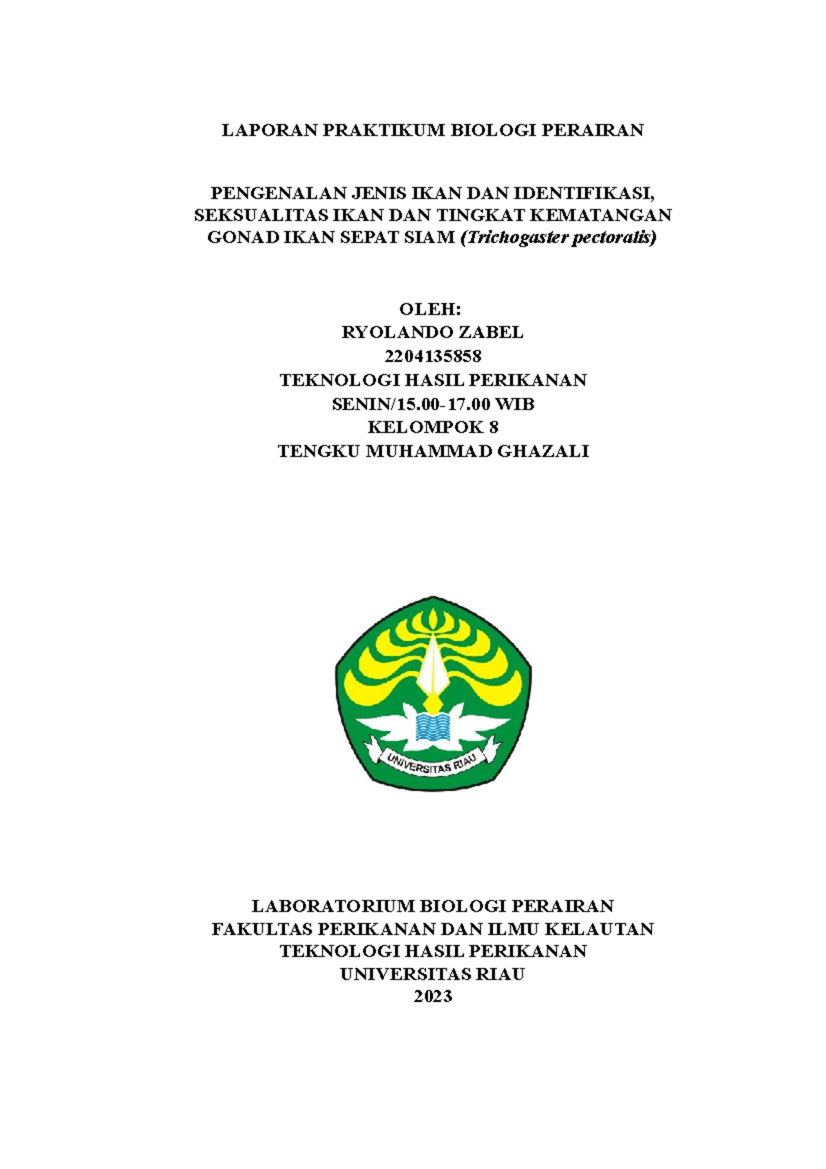 Cover Bioper - LAPORAN PRAKTIKUM BIOLOGI PERAIRAN PENGENALAN JENIS IKAN ...