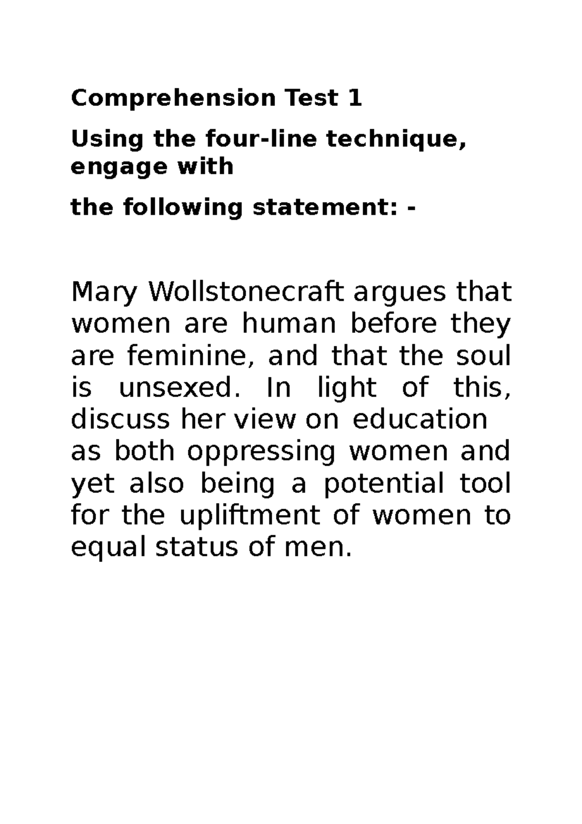 Jean Jacques Rousseau - Comprehension Test 1 Using the four-line ...