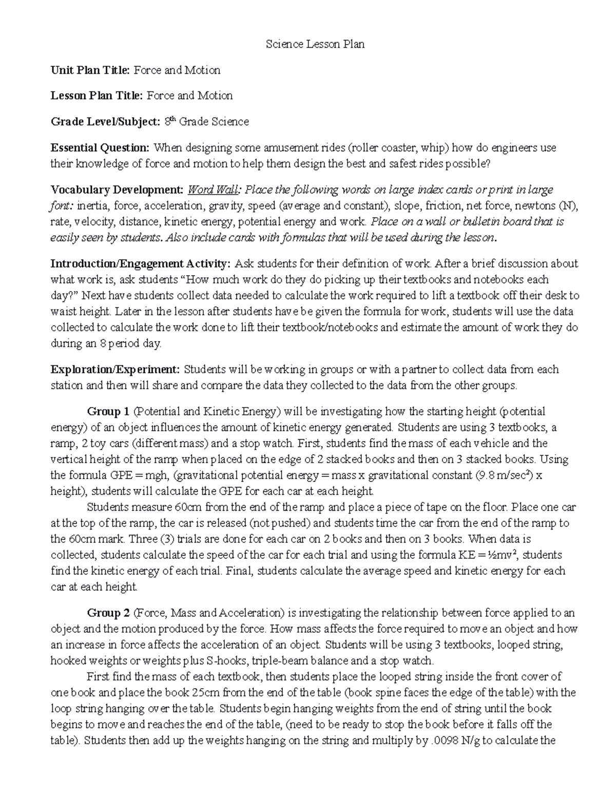 Wayne YLesson Plan - Science Lesson Plan Unit Plan Title: Force and ...