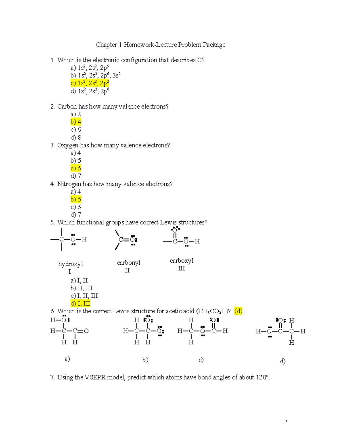 Organic Chemistry Multiple Choice and Answers - Chapter 1 Homework-Lecture Problem Package 1 ...