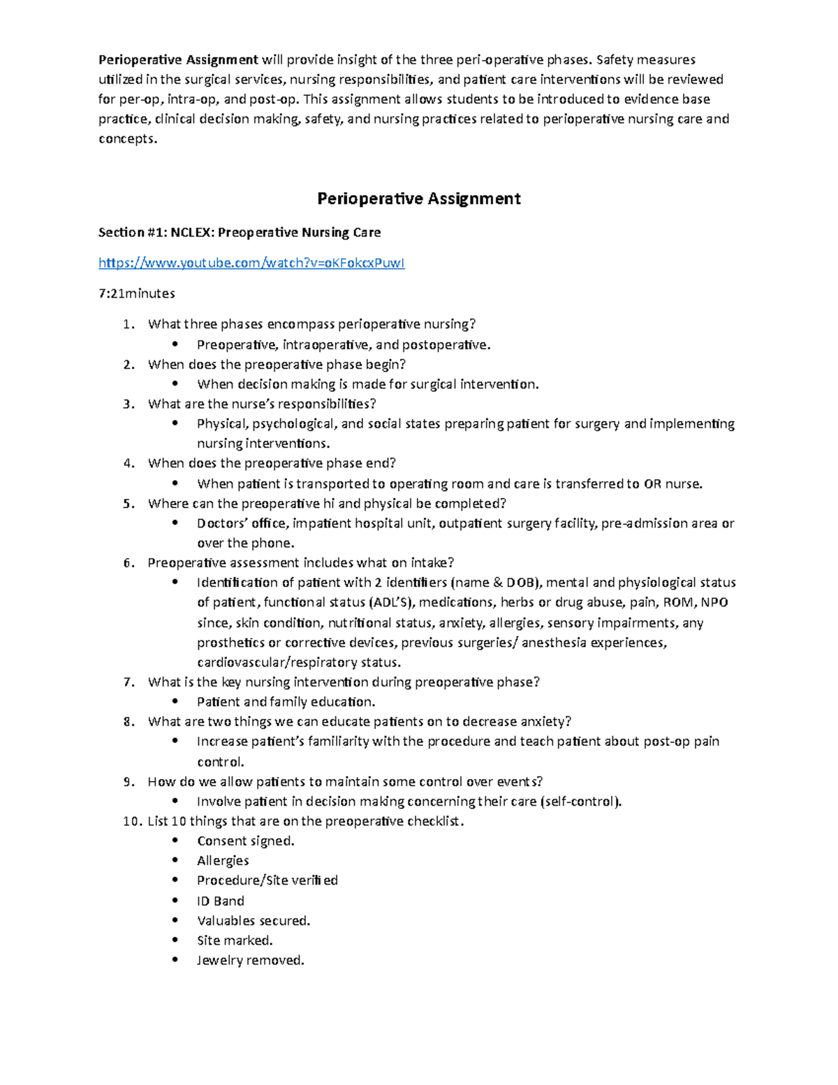 Perioperative Assignment 1 - utilized in the surgical services, nursing ...
