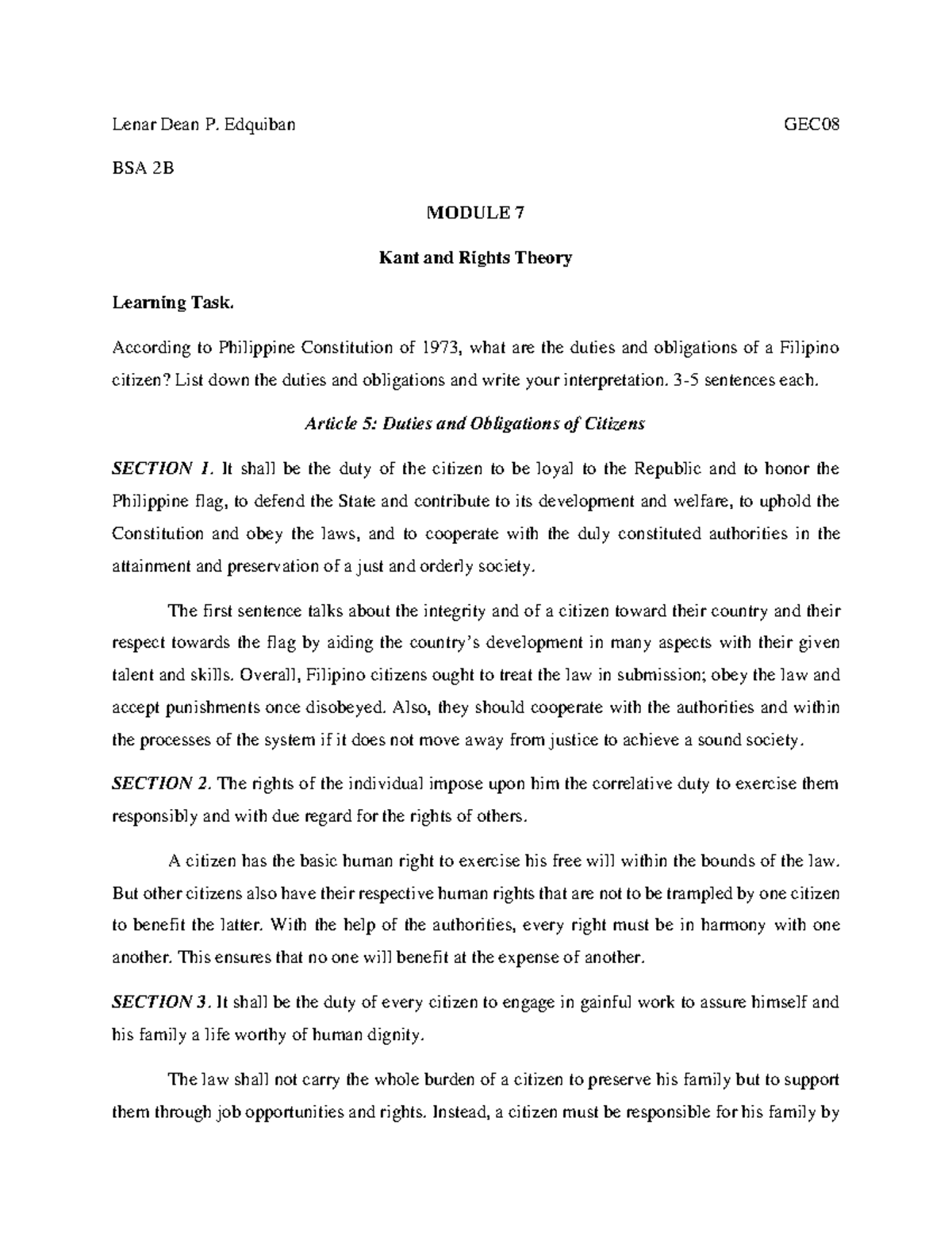 Lesson 7 Ethics Learning Task - Lenar Dean P. Edquiban GEC BSA 2B ...