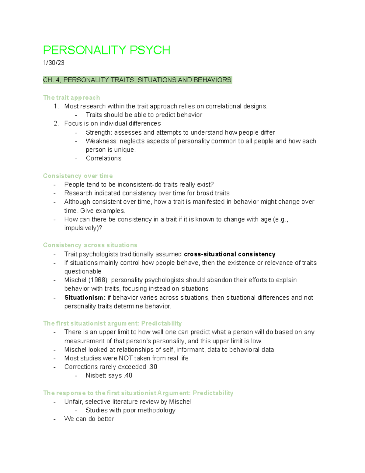 Personality psych ch 4 - lecture notes from class time - PERSONALITY ...