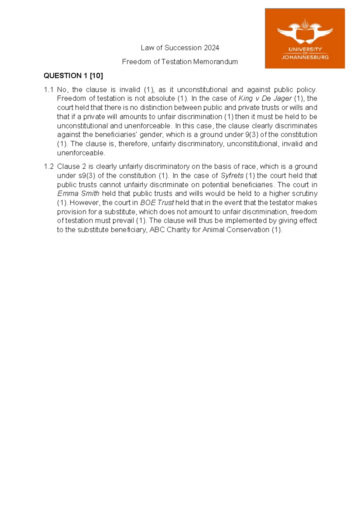 Freedom of Testation Memorandum - Law of Succession 2024 Freedom of ...