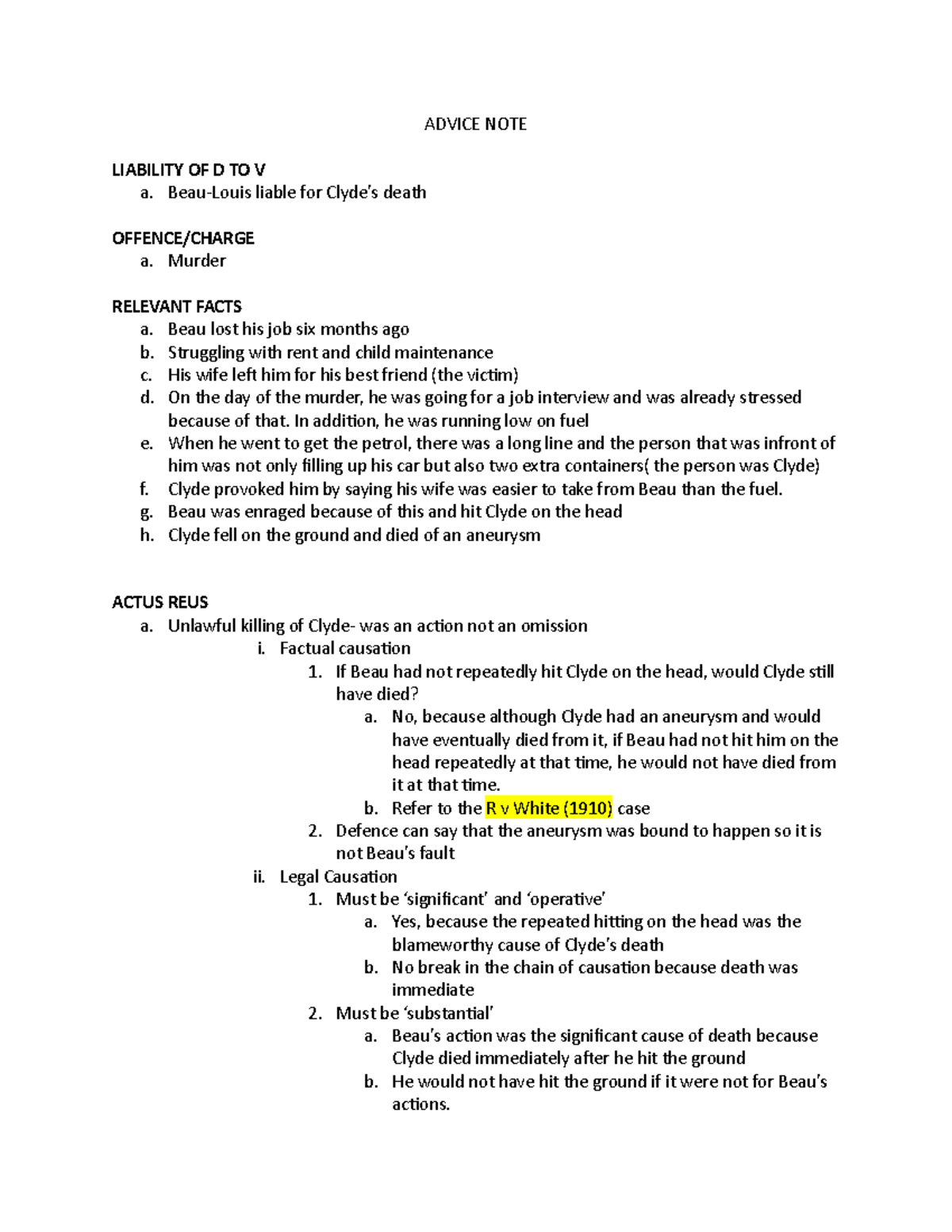 Advice NOTE FOR Murder- lecture notes for fatal offences - ADVICE NOTE ...