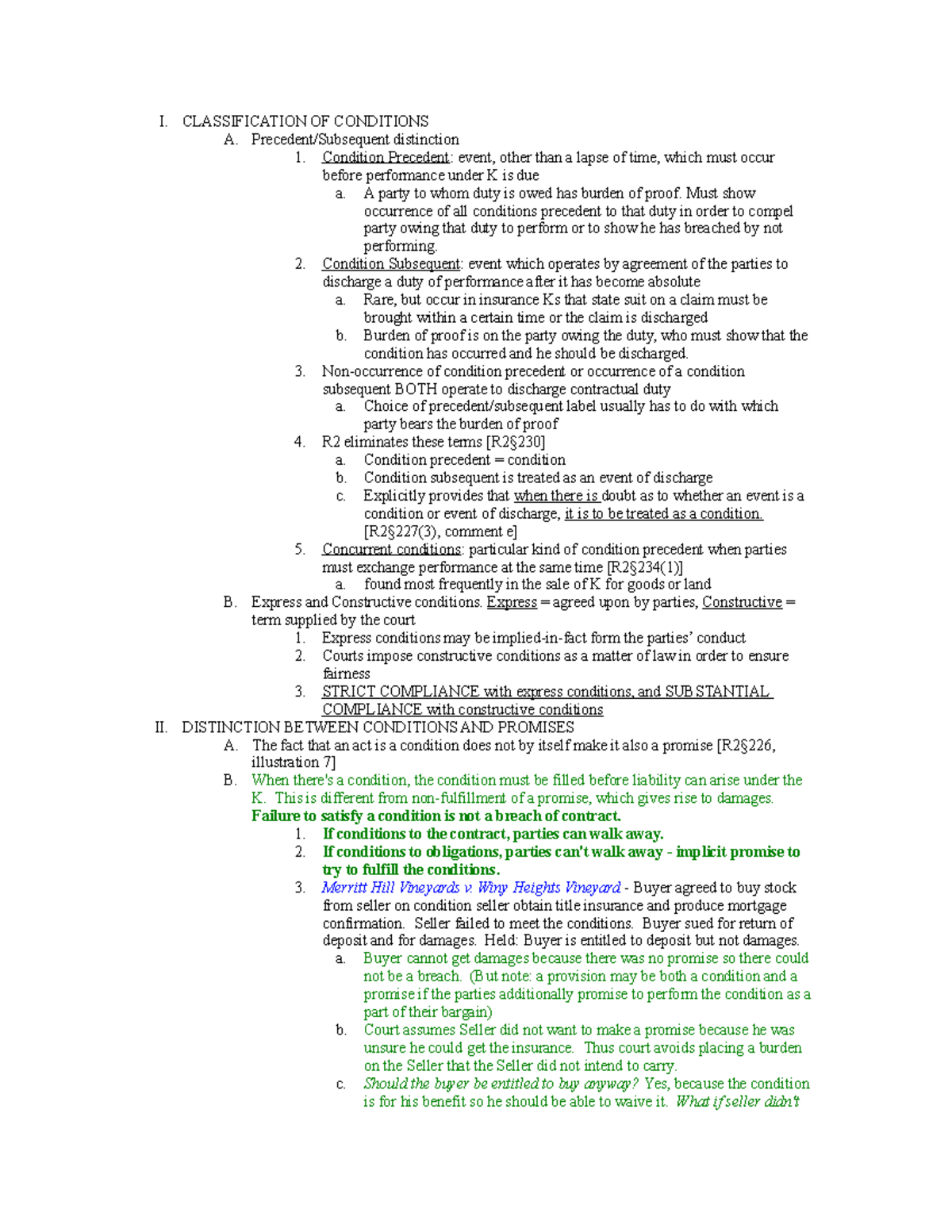 Contracts Law Outline - 3 - I. CLASSIFICATION OF CONDITIONS A. Precedent/Subsequent distinction ...