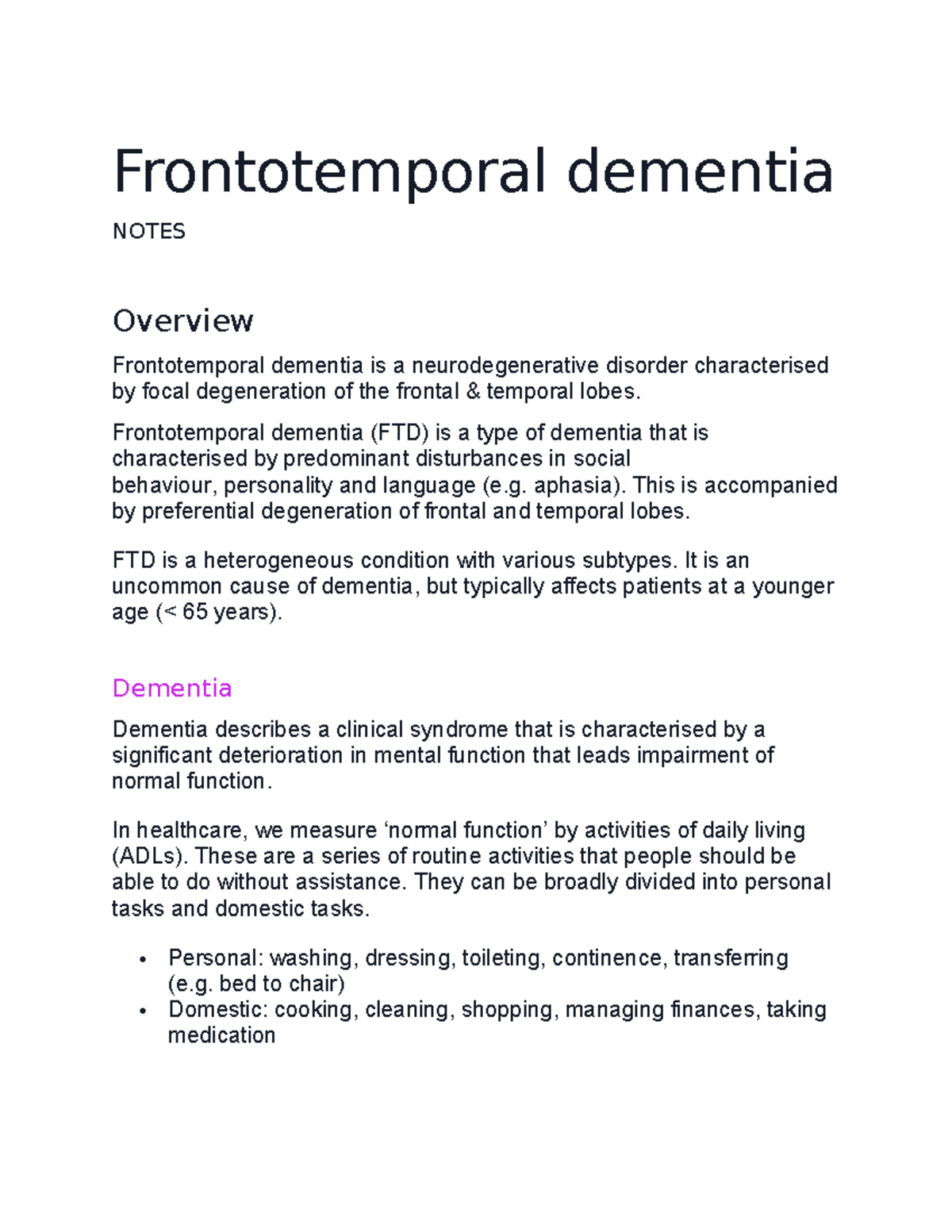 Frontotemporal dementia - Frontotemporal dementia NOTES Overview ...