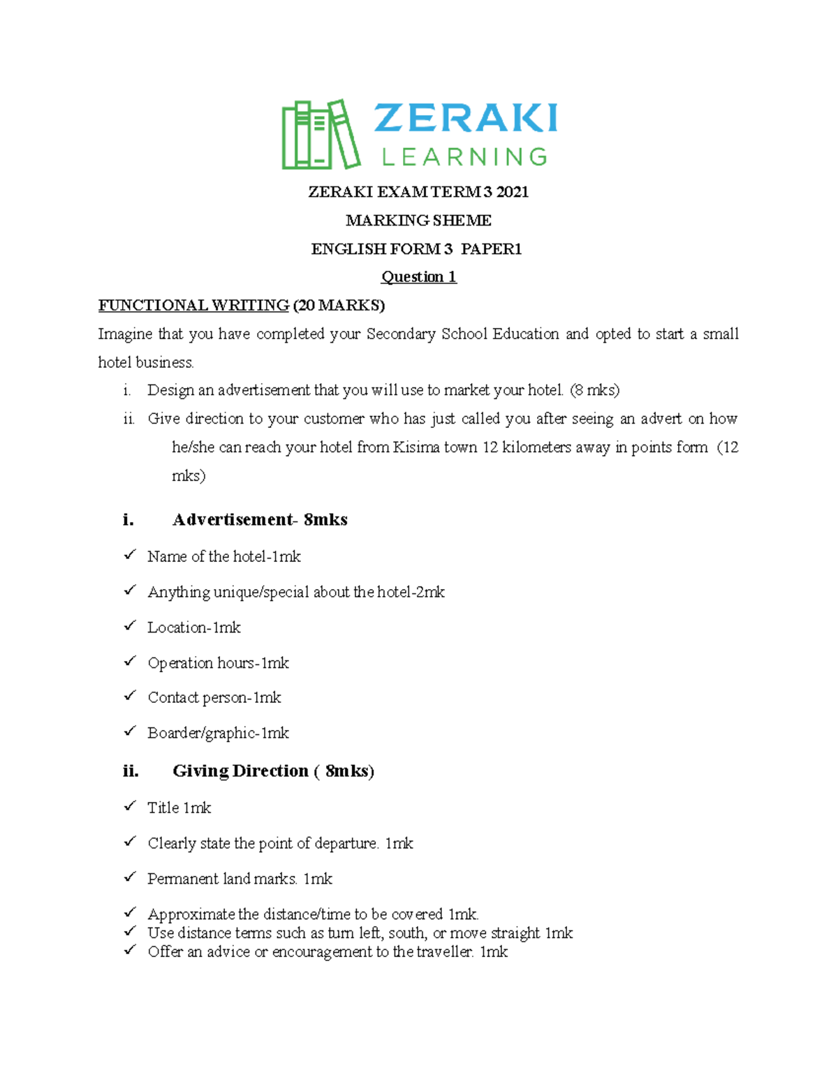 101 FORM 3 PP1 Marking Scheme - ZERAKI EXAM TERM 3 2021 MARKING SHEME ...