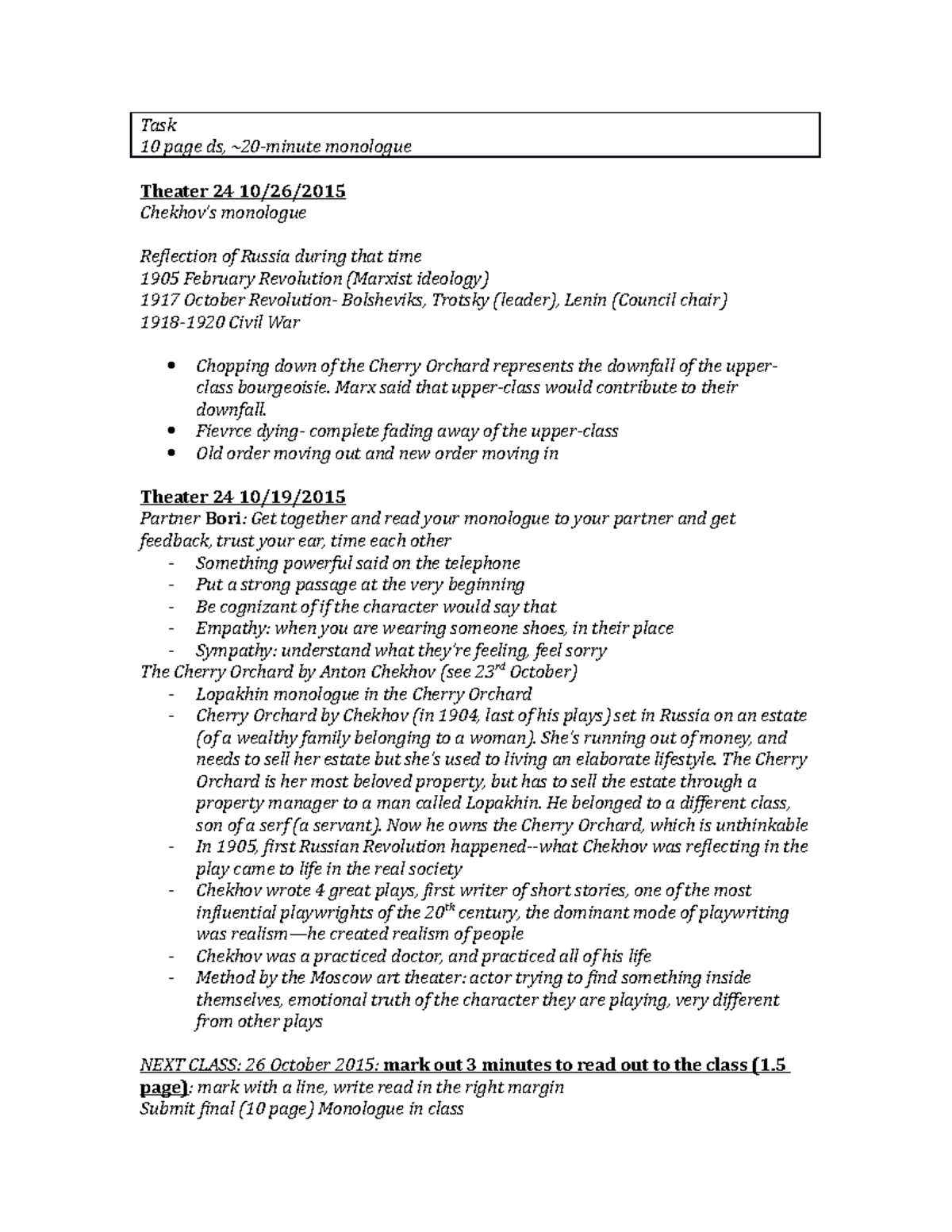 Theater 24 notes - Prof Dunbar Ogden - Task 10 page ds, ~20-minute ...