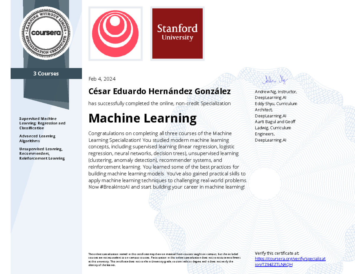 Certificado Coursera Machine Learning - 3 Courses Supervised Machine Learning: Regression and ...