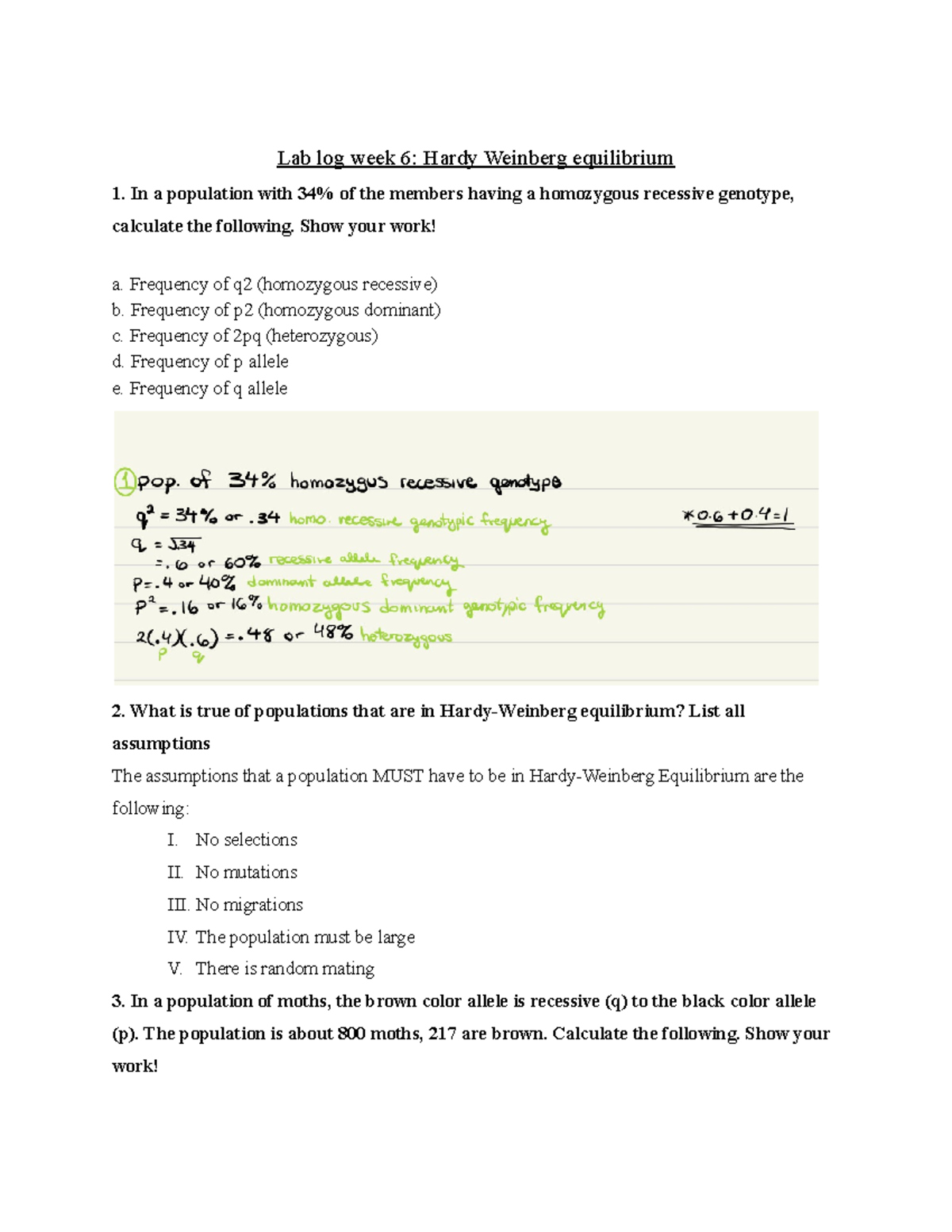 Lab log 6 - lab report - Lab log week 6: Hardy Weinberg equilibrium In ...