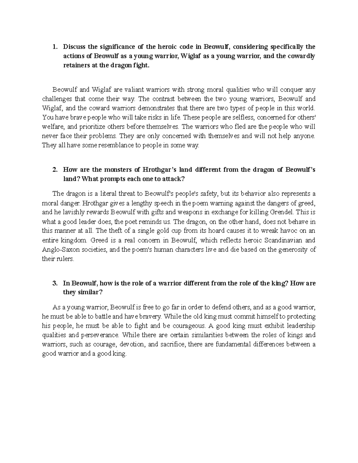 Beowulf - LECTURE NOTES - Discuss the significance of the heroic code ...