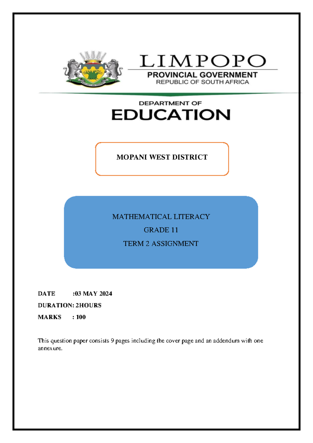 2024 Grade 11 term 2 Assignment - DATE :03 MAY 2024 DURATION: 2HOURS ...