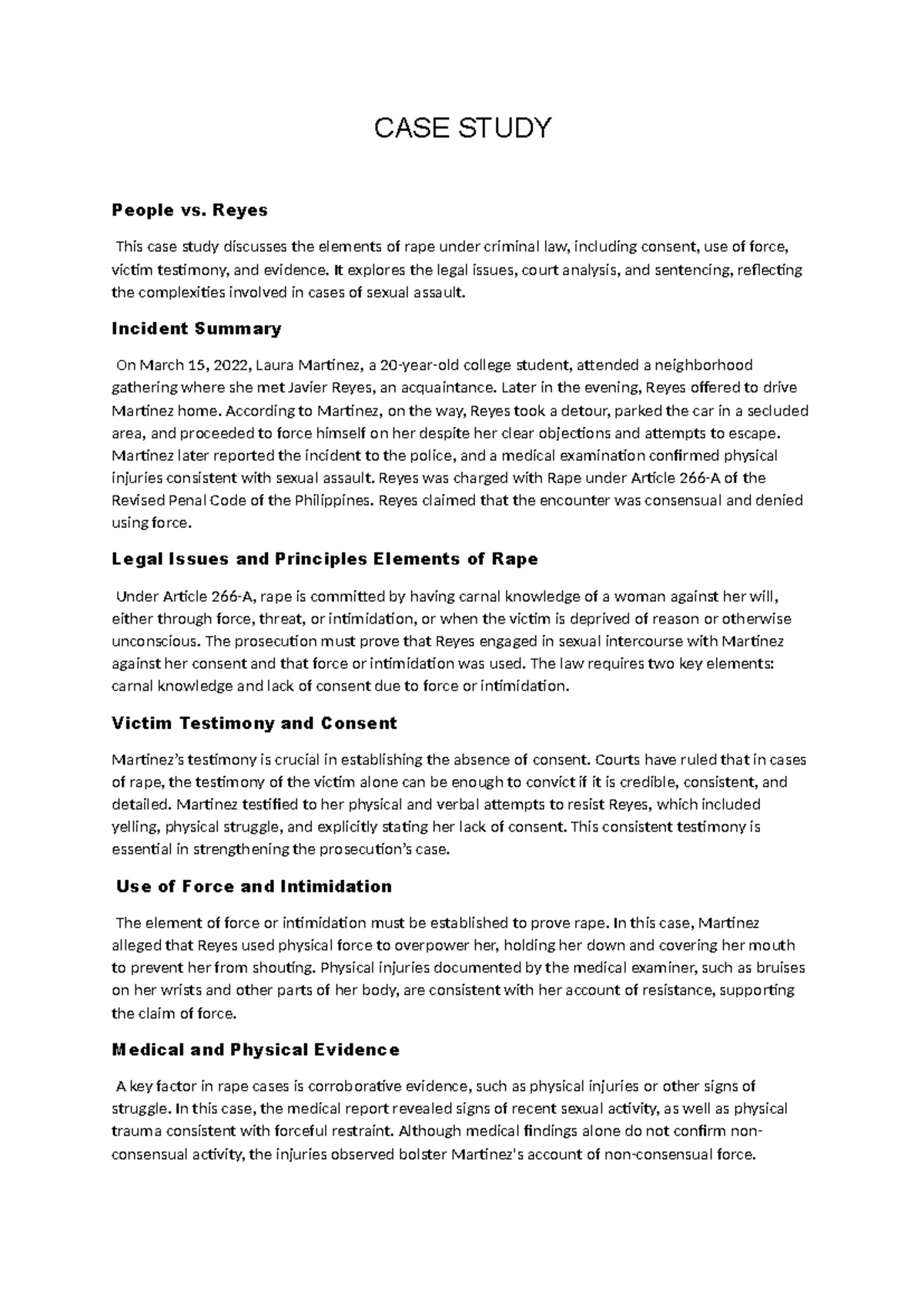 Case study for students - CASE STUDY People vs. Reyes This case study ...