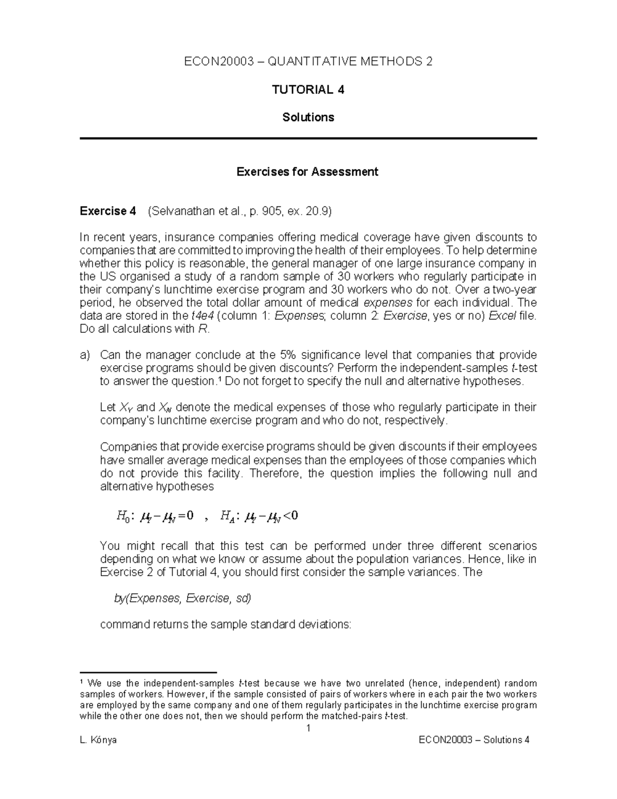 Tutorial 4 solutions - 1 ECON20003 – QUANTITATIVE METHODS 2 TUTORIAL 4 ...
