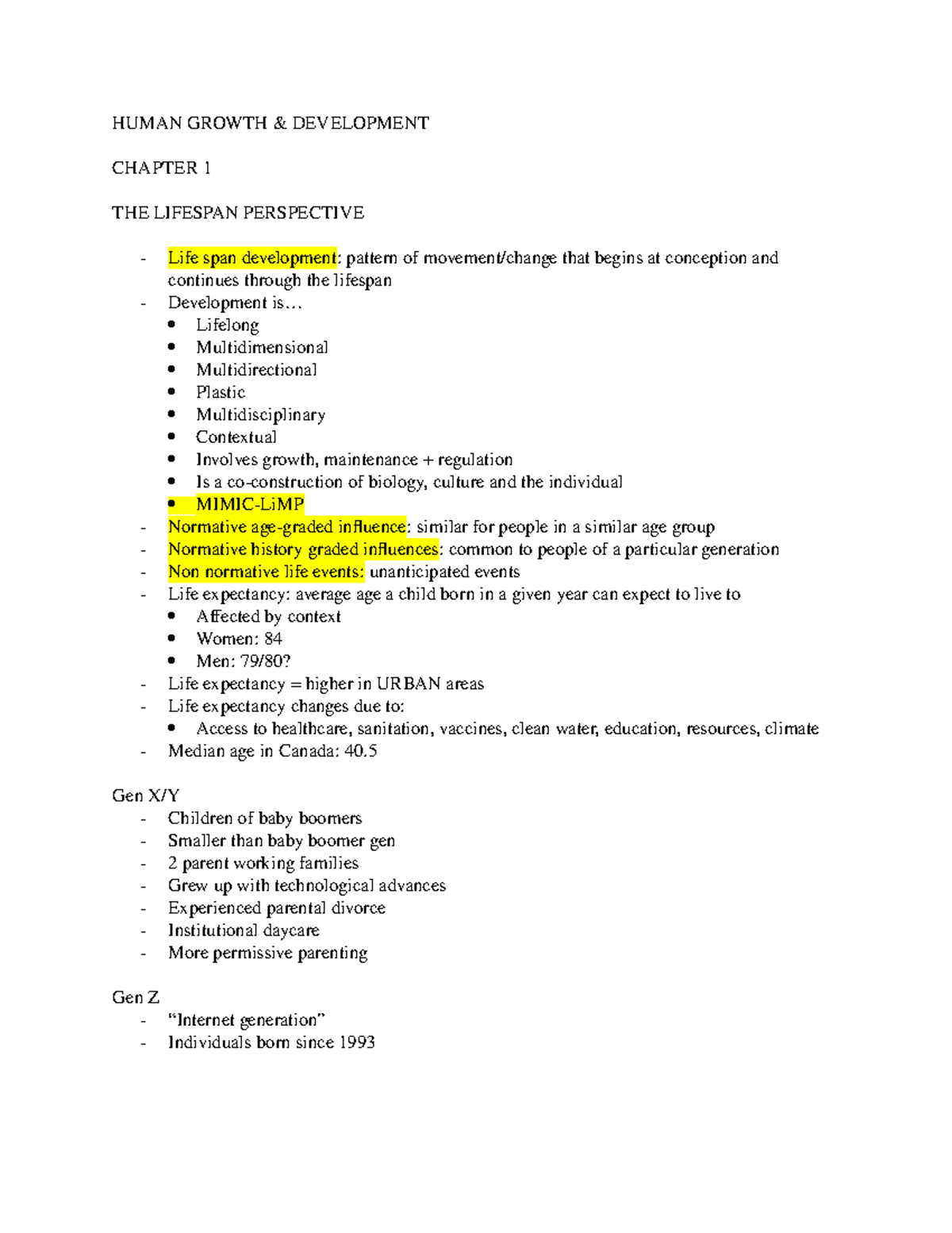 QUIZ Notes - HUMAN GROWTH & DEVELOPMENT CHAPTER 1 THE LIFESPAN ...