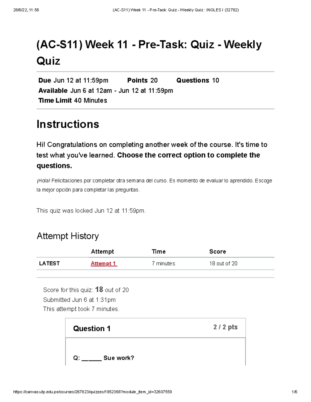 (AC-S11) Week 11 - Pre-Task Quiz - Weekly Quiz Ingles I (32782) - (AC-S11) Week 11 - Pre-Task ...