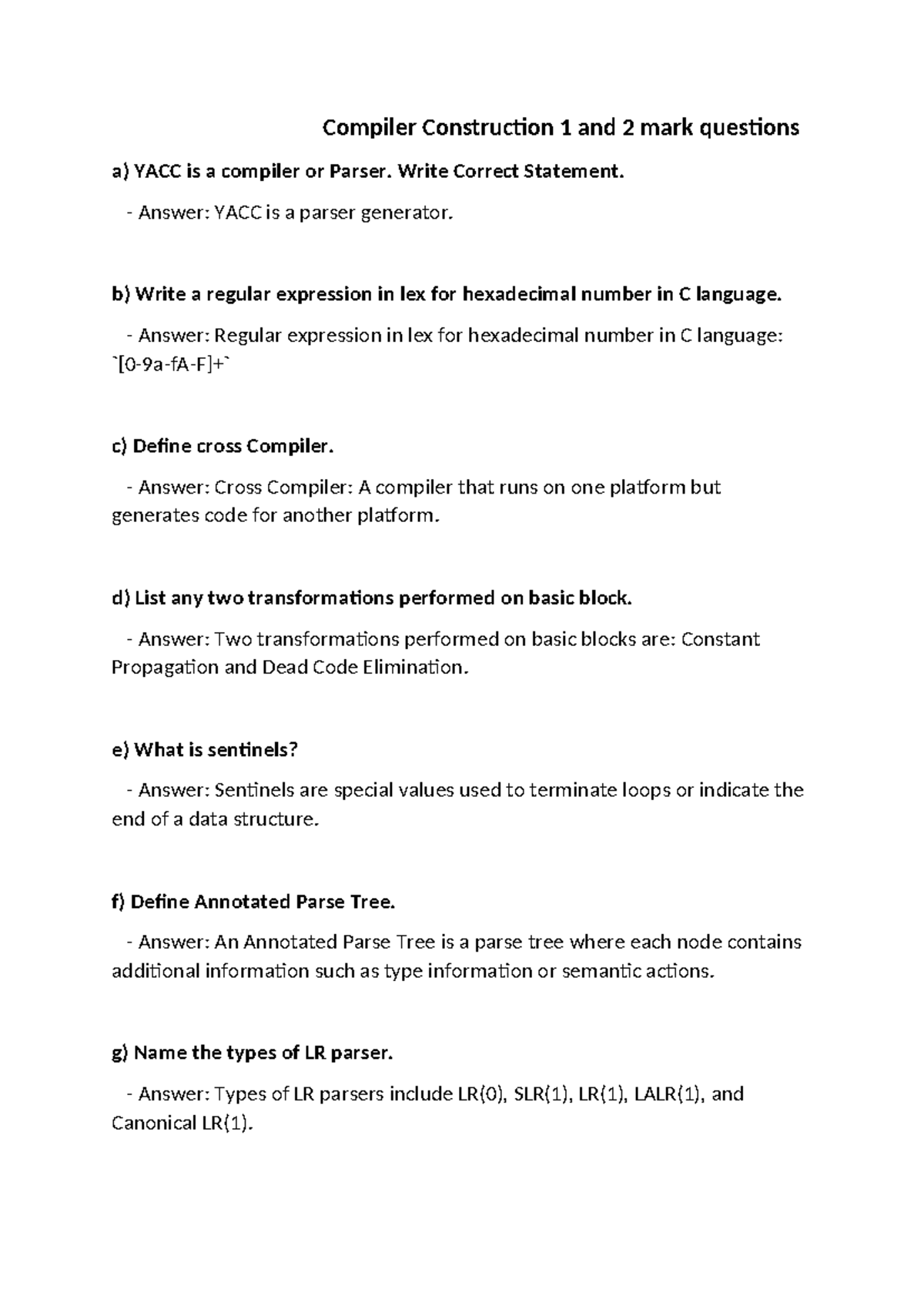 Compiler Construction 1 and 2 mark questions - Compiler Construction 1 and 2 mark questions a ...