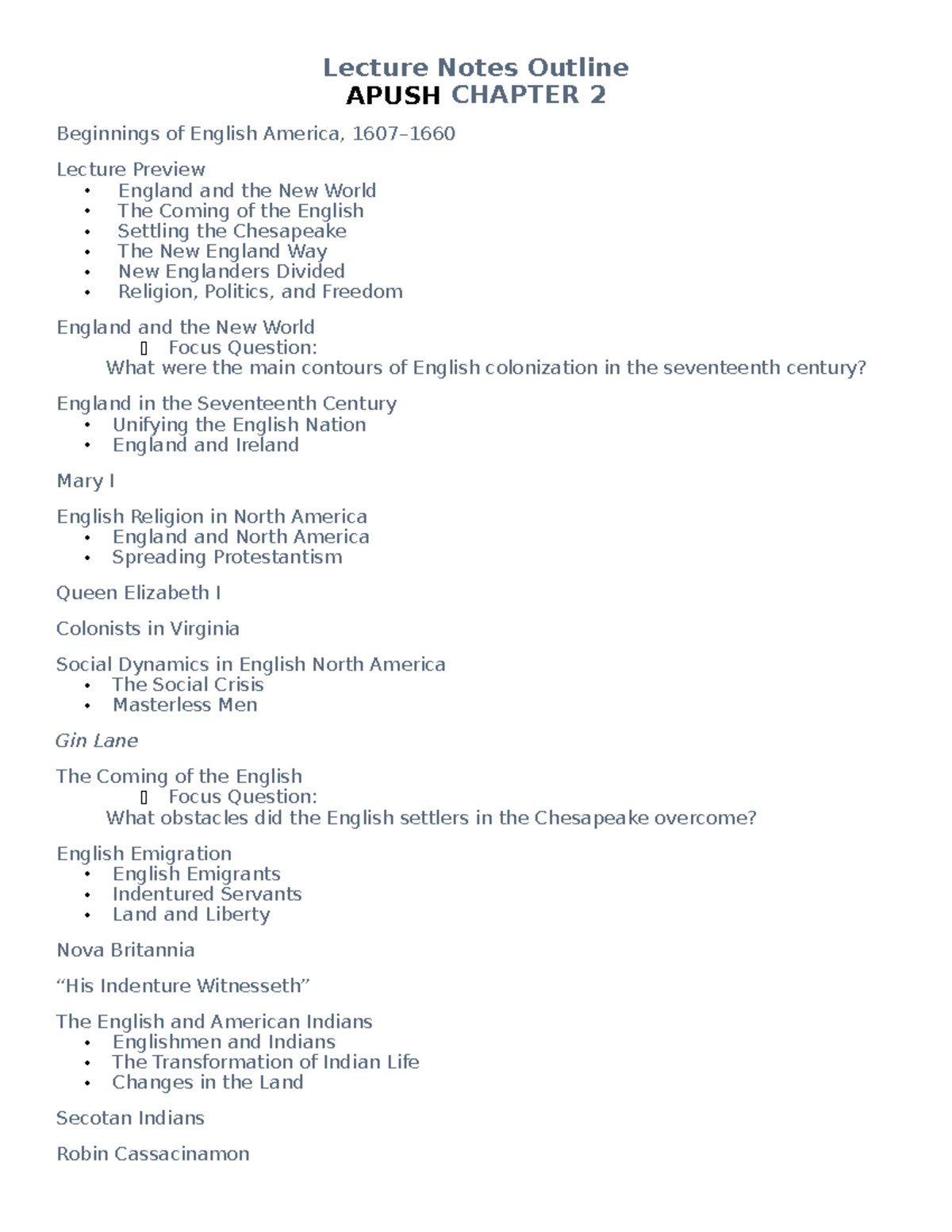 Chpater 2 Lecture Notes Outline - Lecture Notes Outline APUSH CHAPTER 2 ...