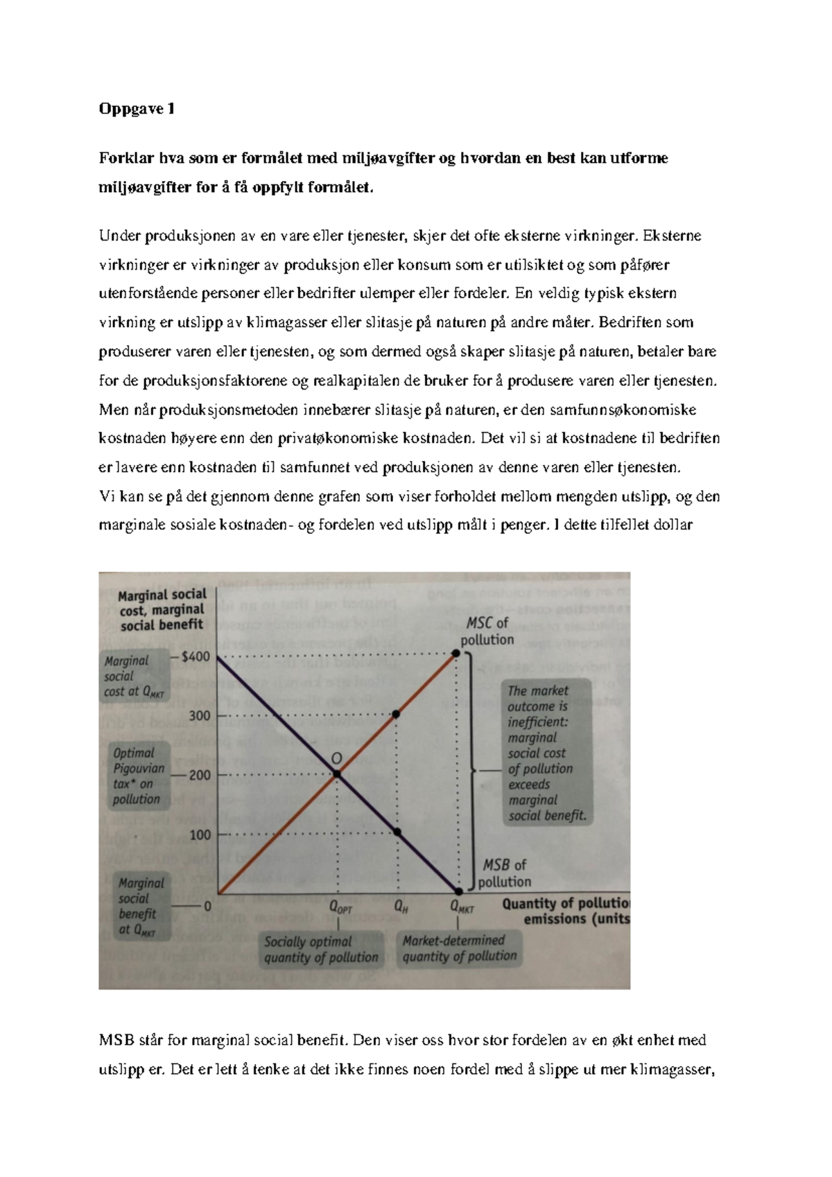 Obligatorisk oppgave ECON1210 2020 - Oppgave 1 Forklar hva som er formålet med miljøavgifter og ...
