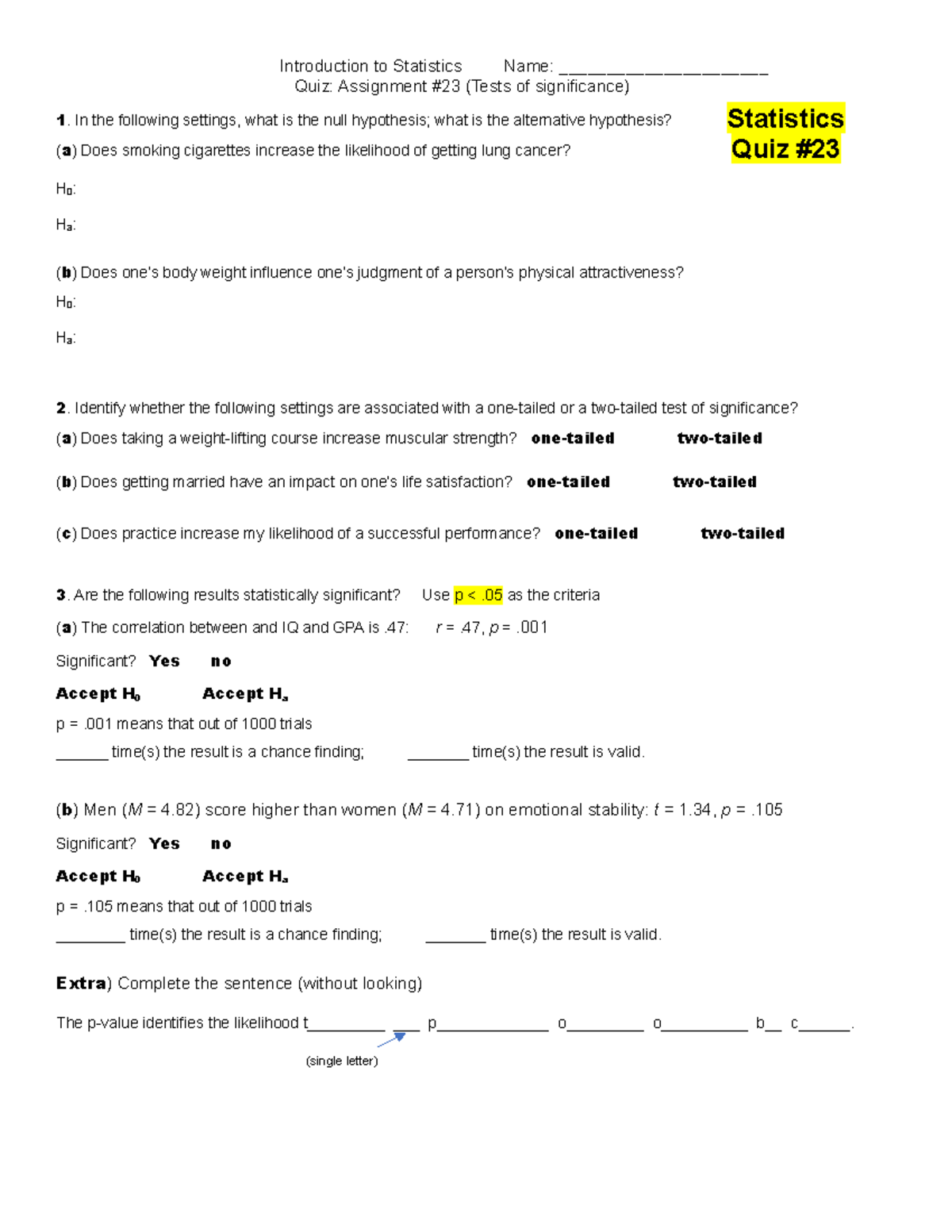 UA Stat Quiz #23 - Stats Quiz 23 - Introduction to Statistics Name