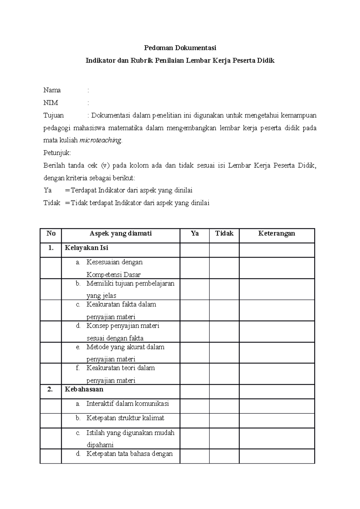 Pedoman Dokumentasi - Pedoman Dokumentasi Indikator dan Rubrik ...