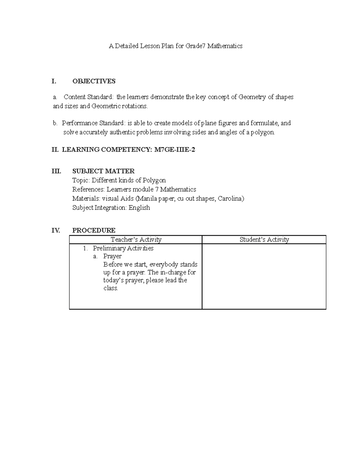 Grade 7 Lesson PLAN Deozo - A Detailed Lesson Plan for Grade7 ...