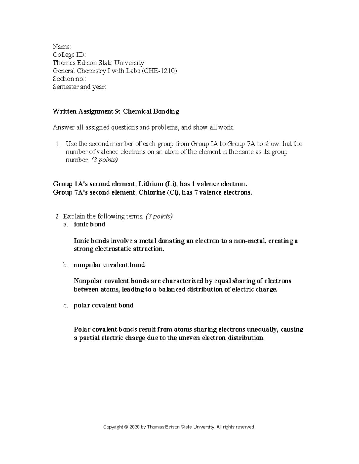 Chemistry writing assignment 9 n - Name: College ID: Thomas Edison ...