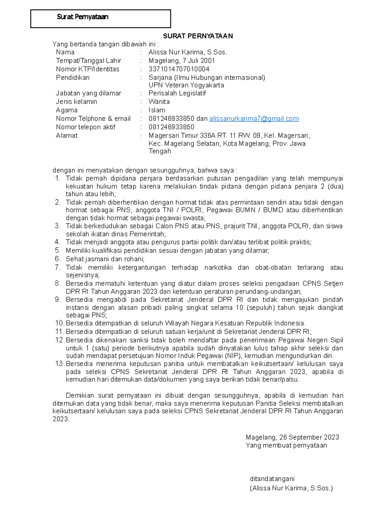 Contoh Surat Penyataan 2023 - SURAT PERNYATAAN Yang bertanda tangan ...