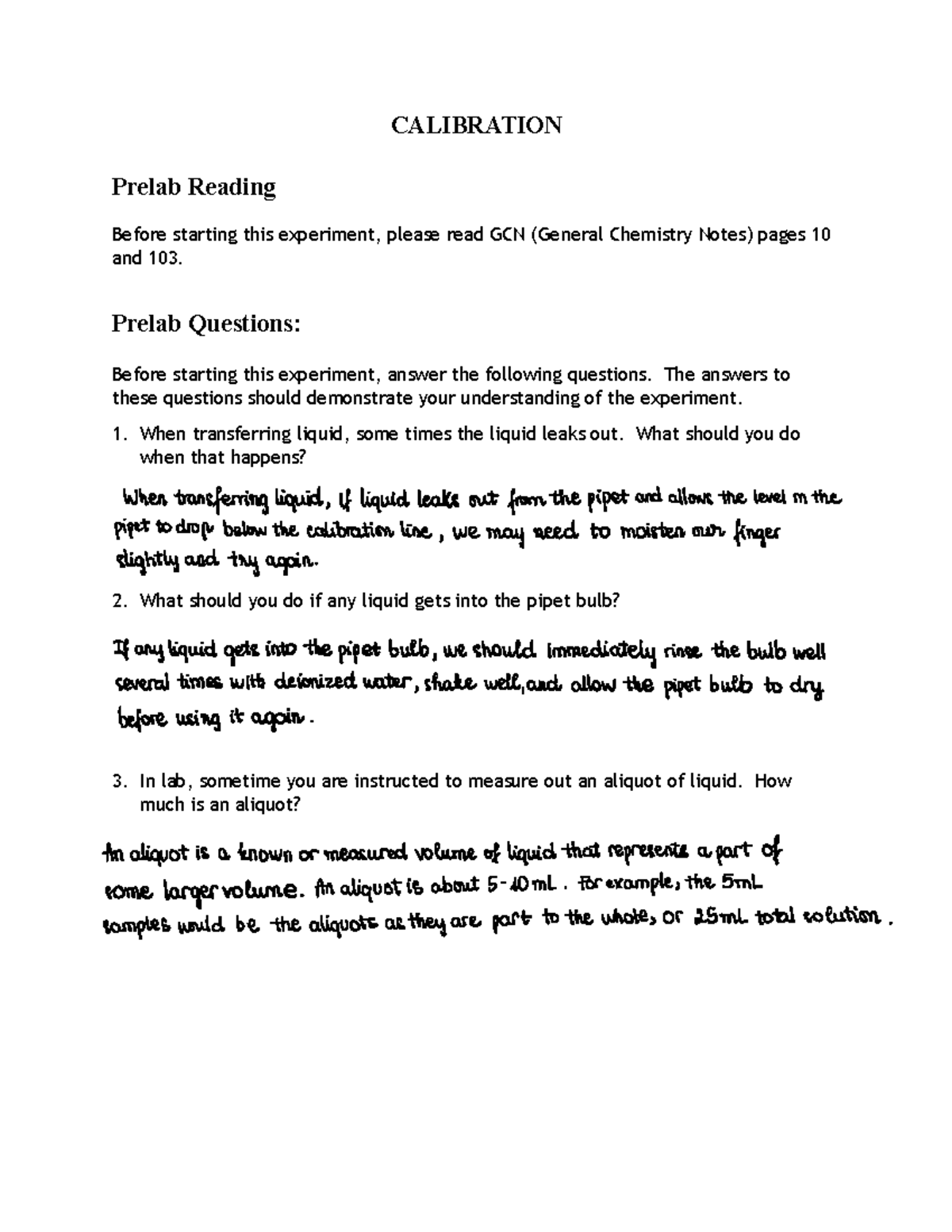 Calibration Prelab 2 - OCC - Prof. Helen Maughan - Pre-lab ...