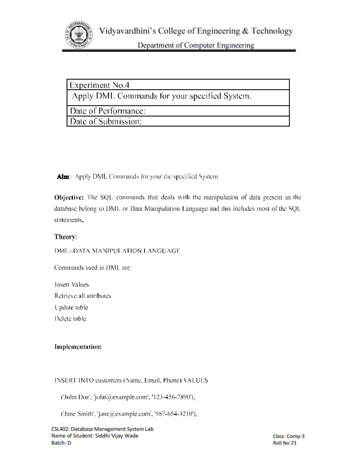 Dbms Exp4 - experiments - Database Management System - Studocu