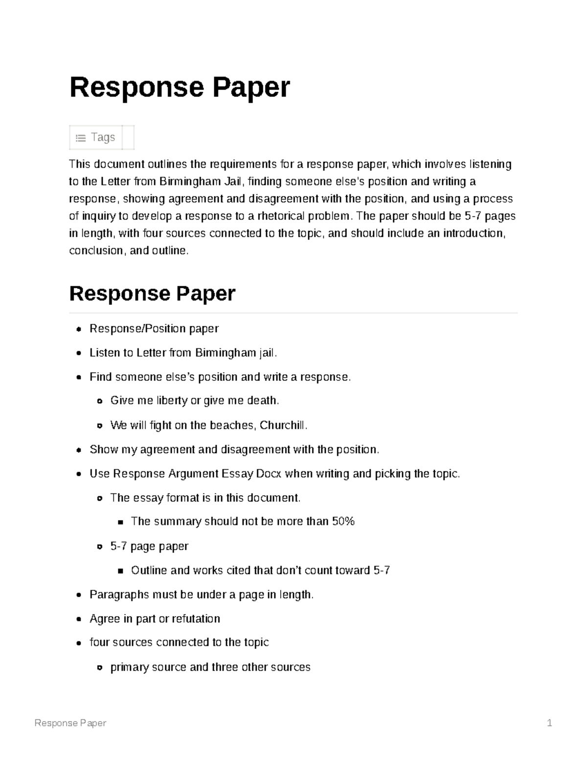 Response Paper - Response Paper Tags This document outlines the ...